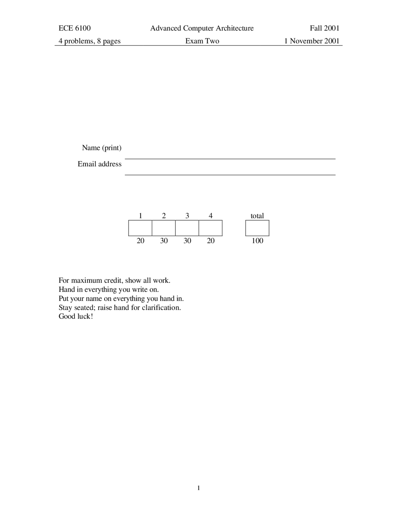 Exam Two Questions - Advanced Computational Architecture - 2001 | ECE 6100 - Docsity