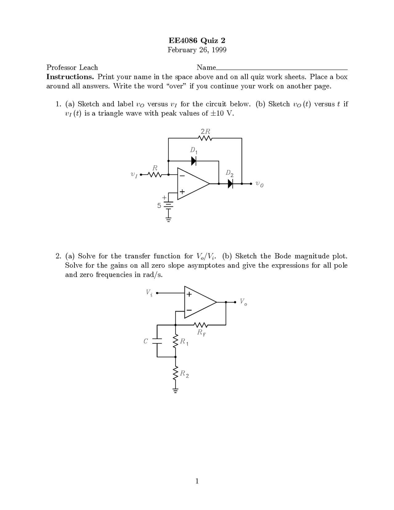 4 Problems In Quiz 2 On Operational Amplifier Design Ece 4435 Docsity
