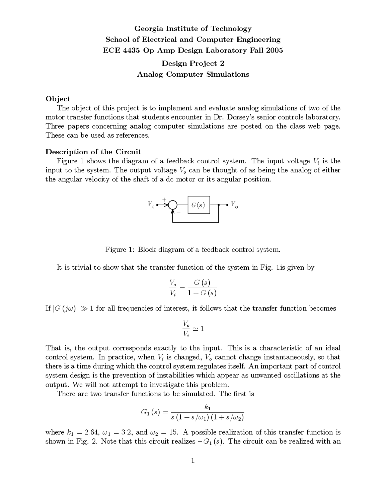 Analog Computer Simulations Project 2 Ece 4435 Docsity