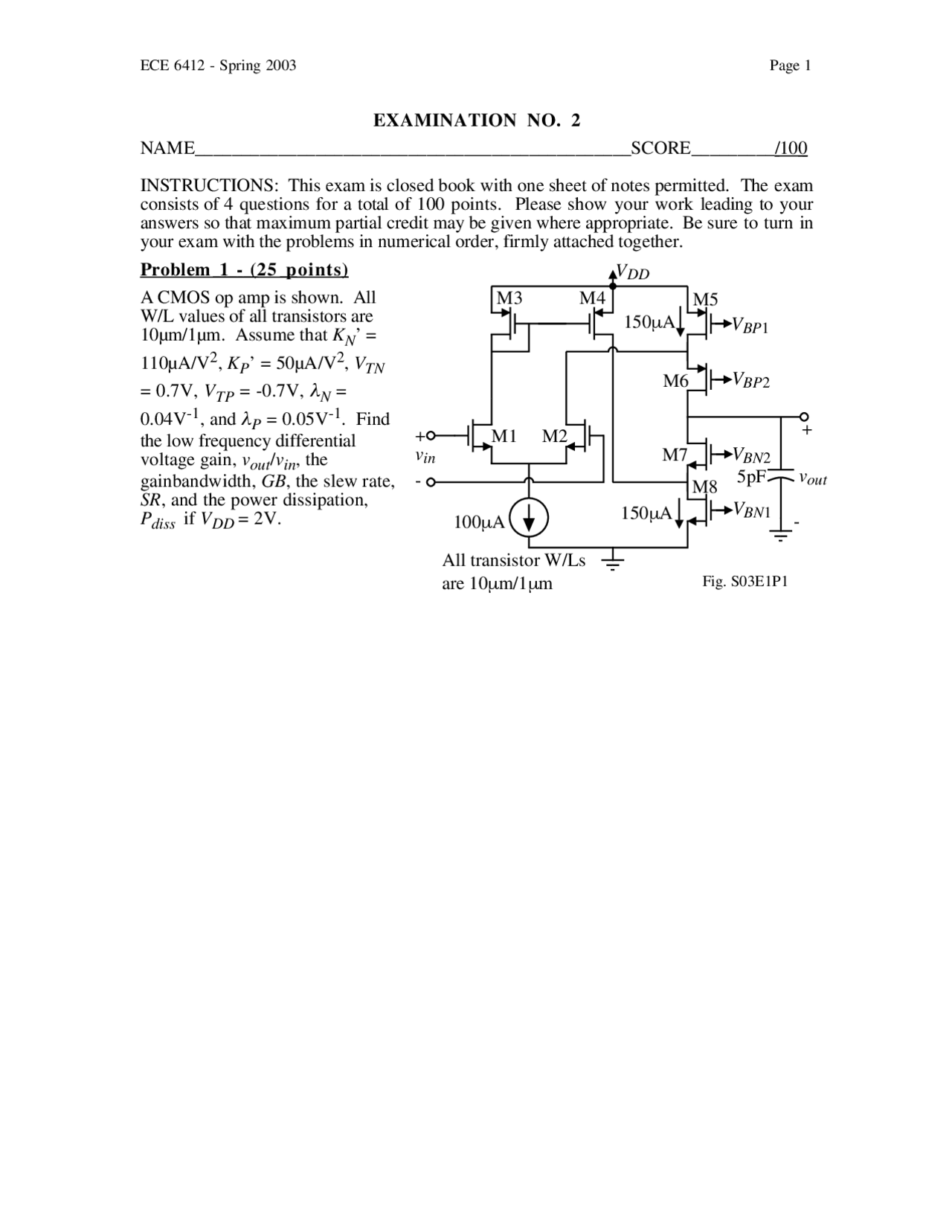 Exam 2 For Analog Integrated Circuit Design Ece 6412 Docsity