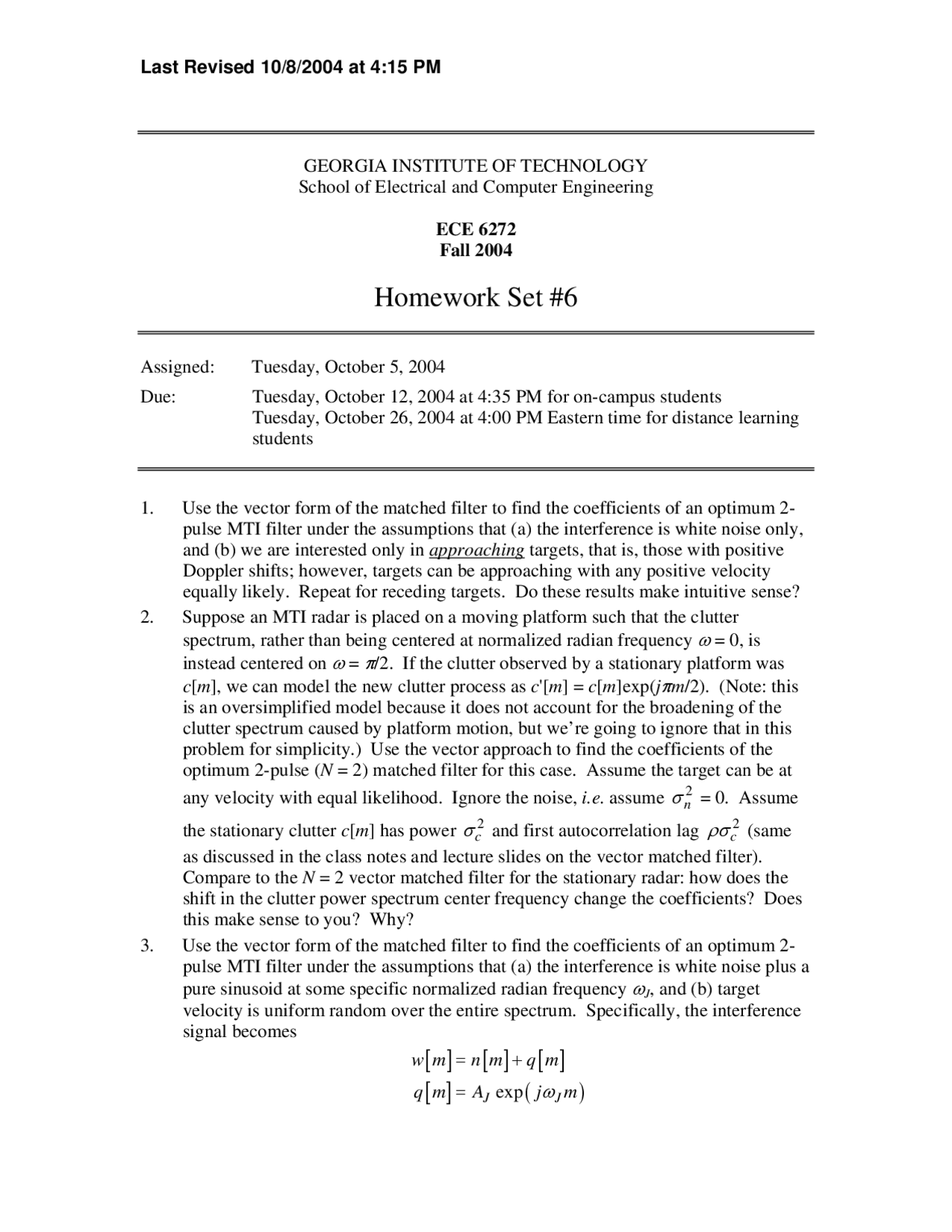Homework Set 6 Fundamentals Of Radar Signal Process Ece 6272 Docsity