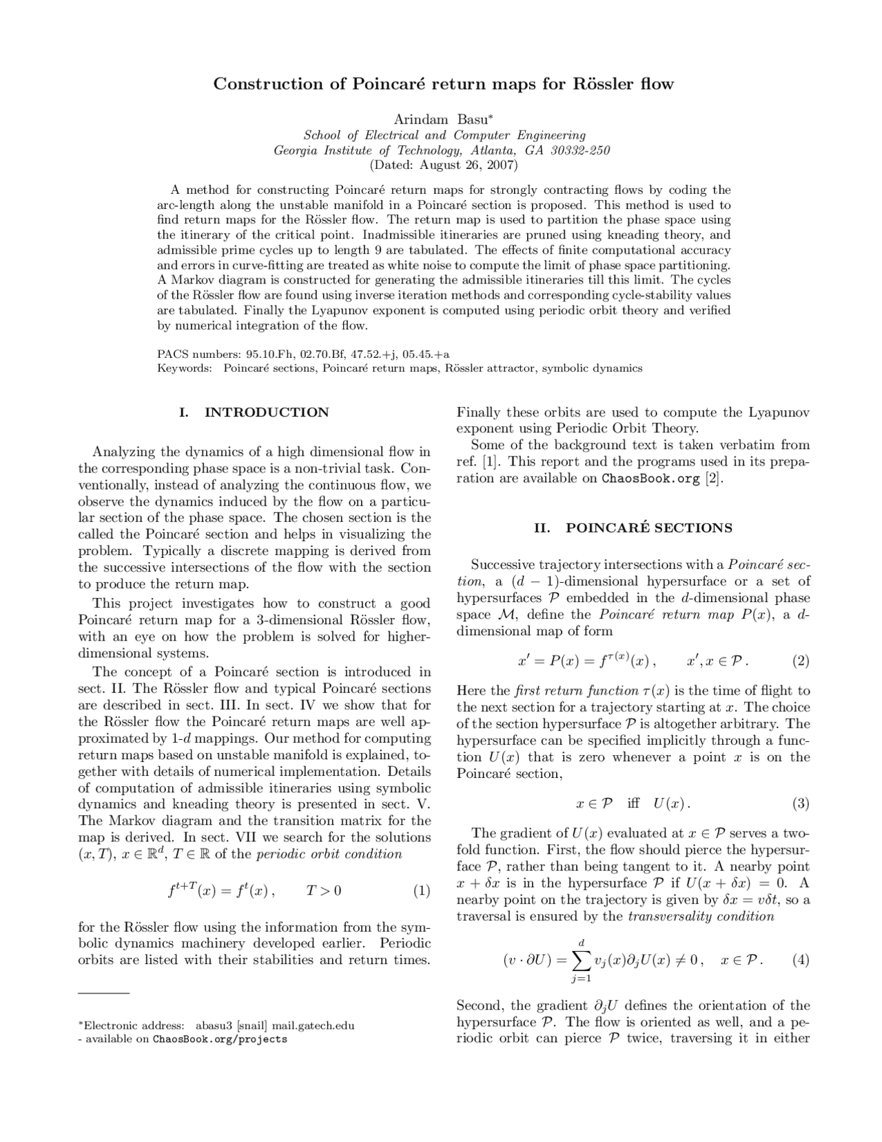 Construction of Poincare Return Maps for Rossler Flow - Fall 2007 ...