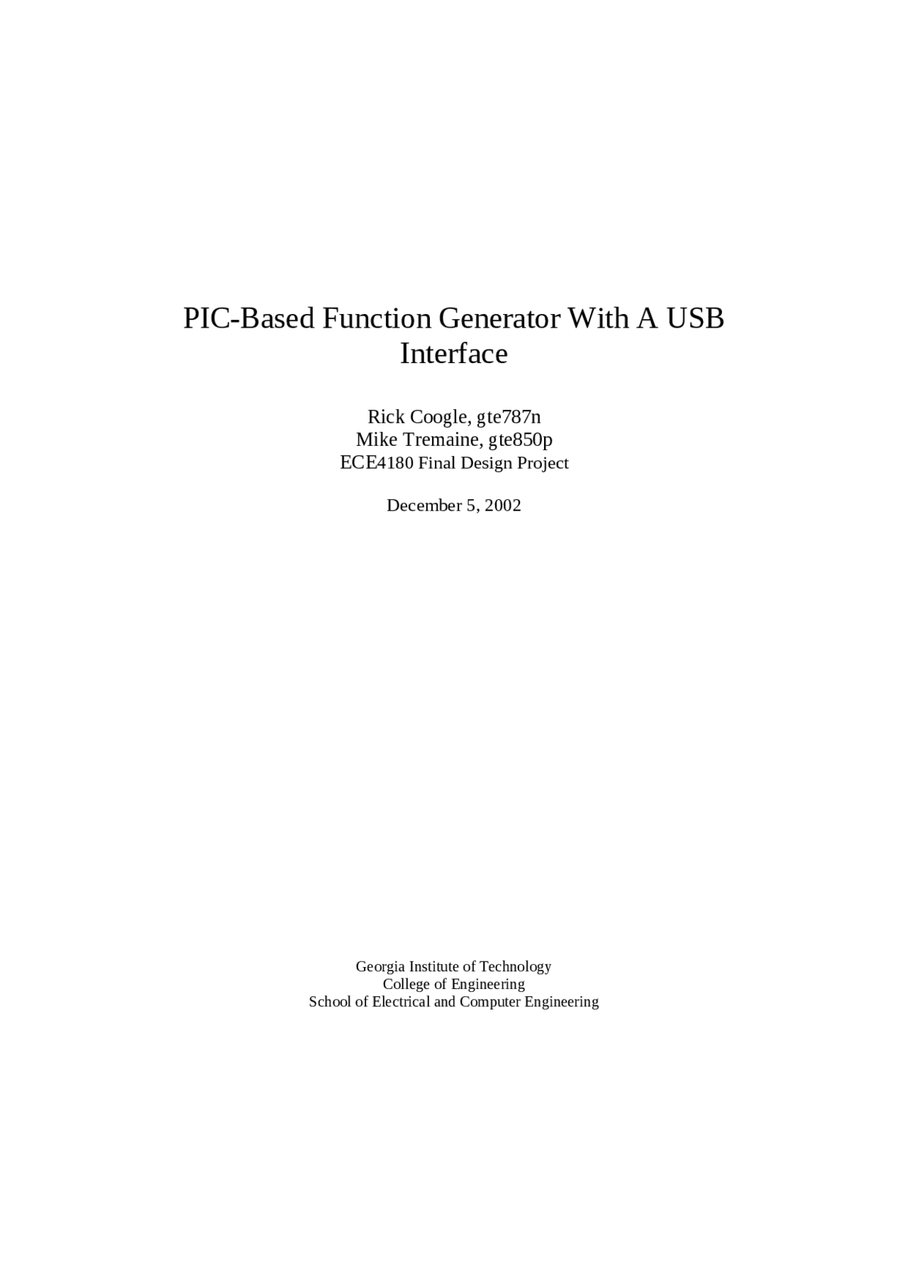 Pic Based Function Generator With A Usb Interface Project Paper Ece