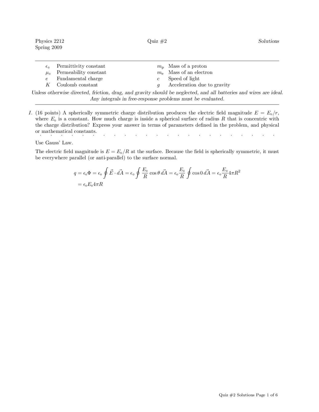 Solution to Quiz 2 - Introduction to Physics II | PHYS 2212 - Docsity