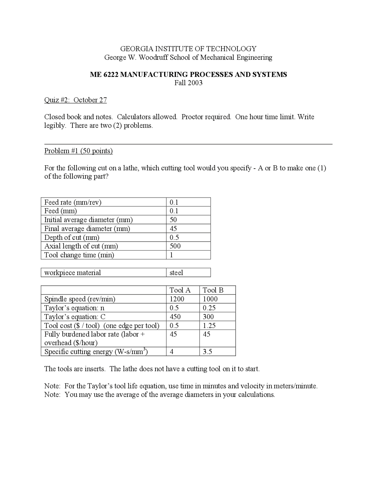 Solutions to Quiz 2 - Manufacturing Processes and Systems | ME 6222 - Docsity