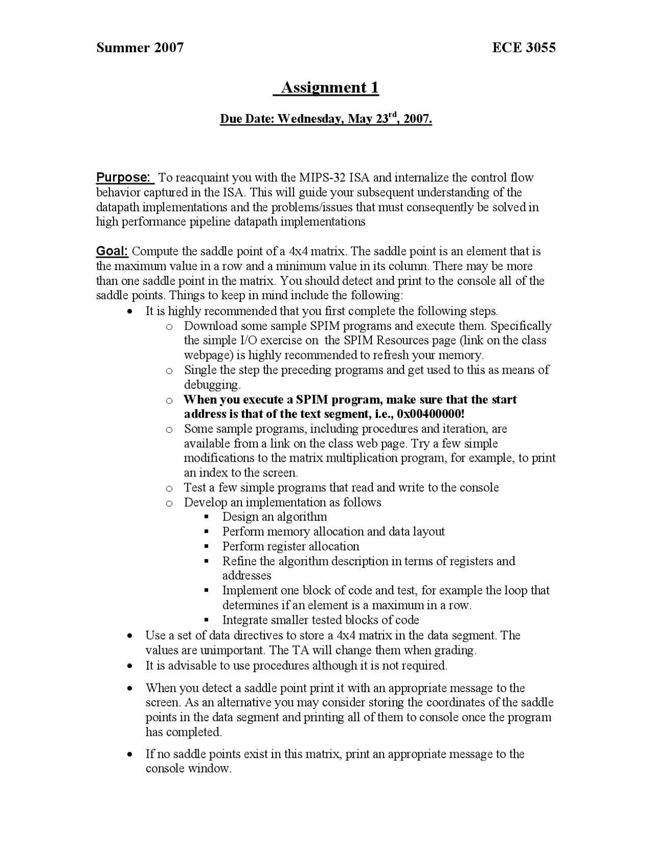 Assignment 1 For Computer Architecture And Operating Systems Ece 3055 Docsity