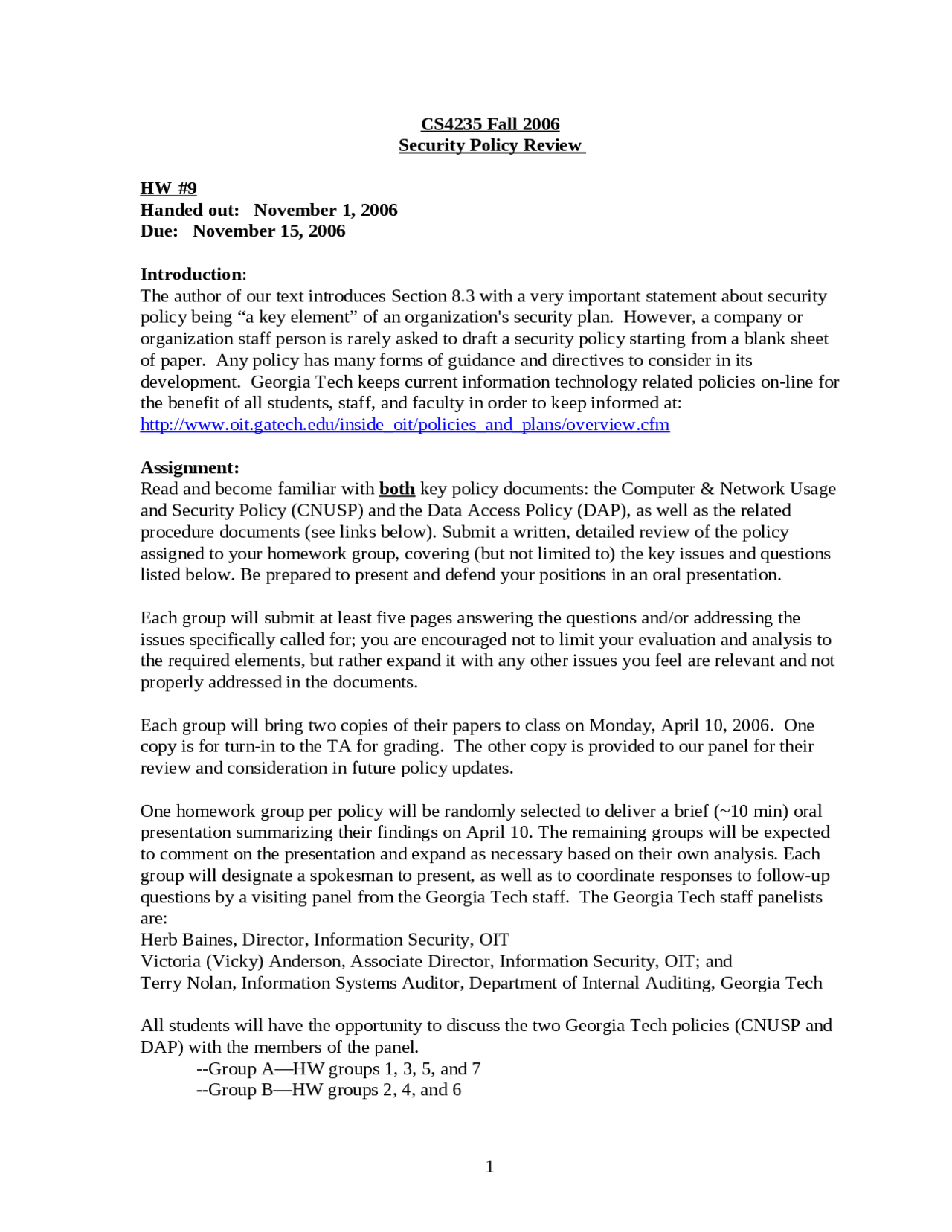 Homework 9 - Handout for Security Policy Review | CS 4235 - Docsity