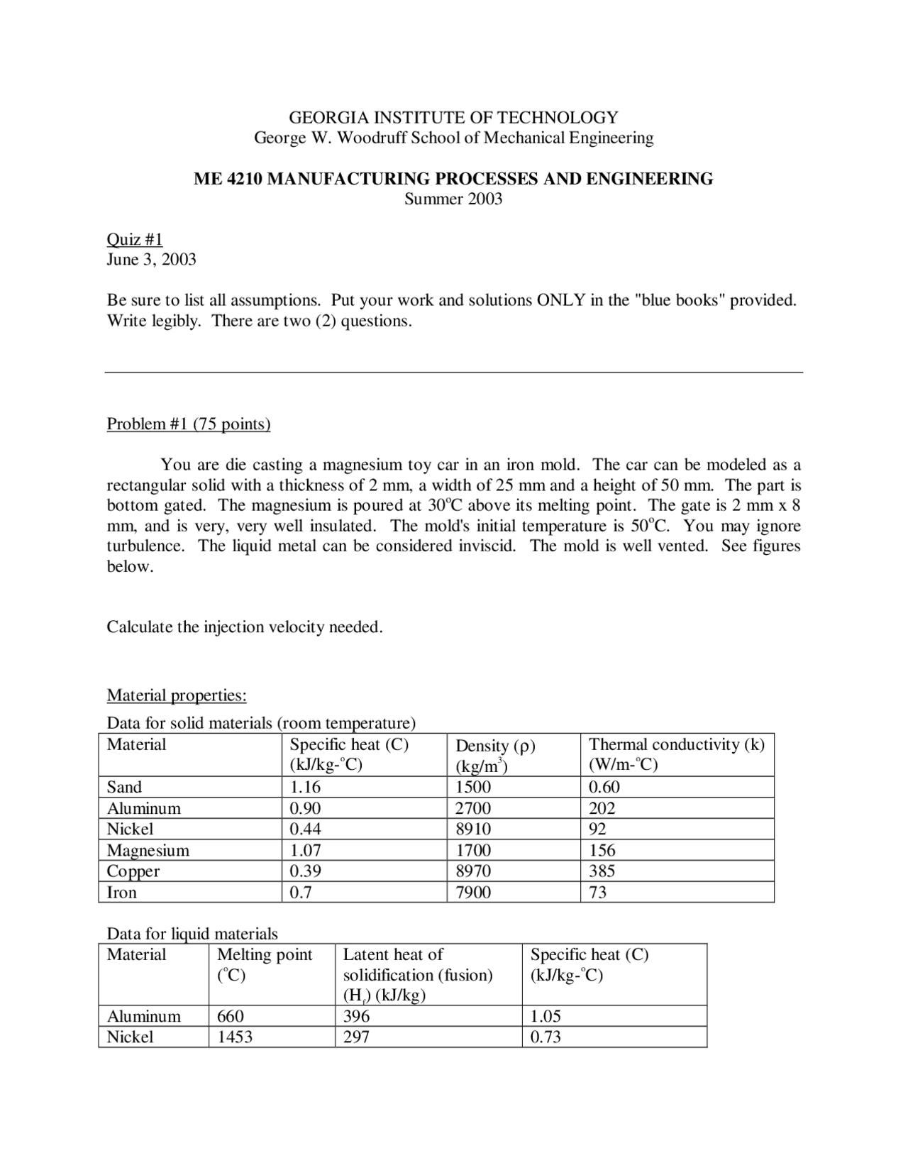 Quiz 1 With 2 Problems Manufacturing Processes And Engineering Me