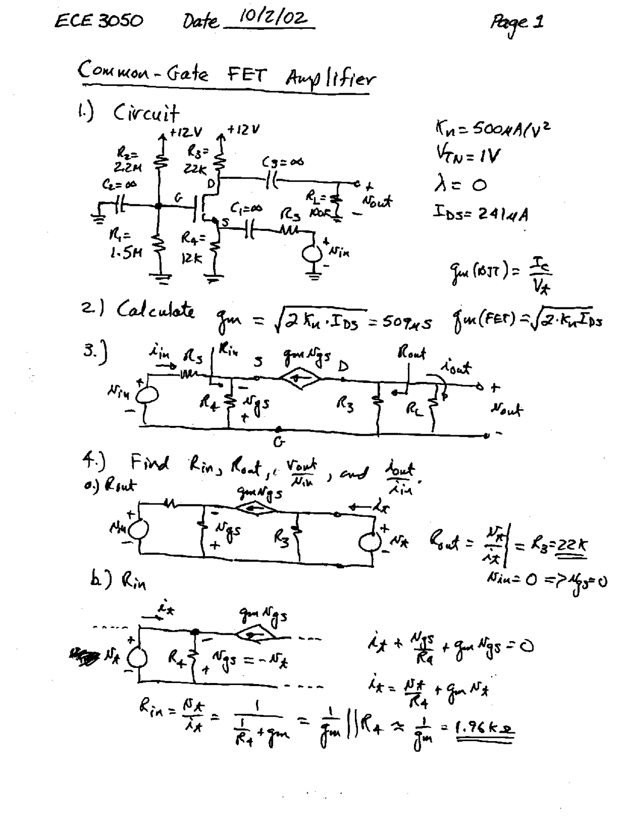 Handwritten Notes On Common Gate Fet Amplifier Ece 3050 Docsity