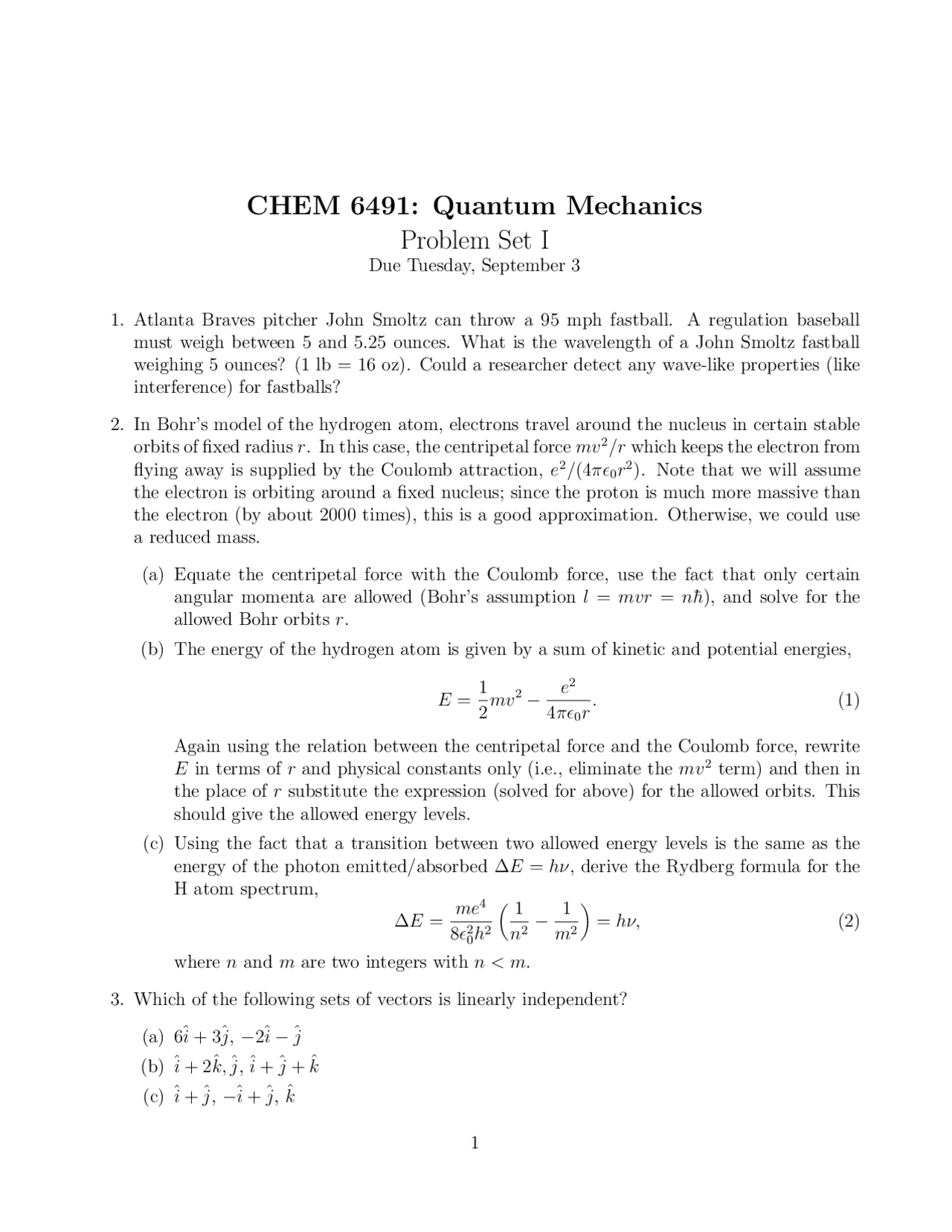 Problem Set 1 Unsolved Questions - Quantum Mechanics | CHEM 6491 - Docsity
