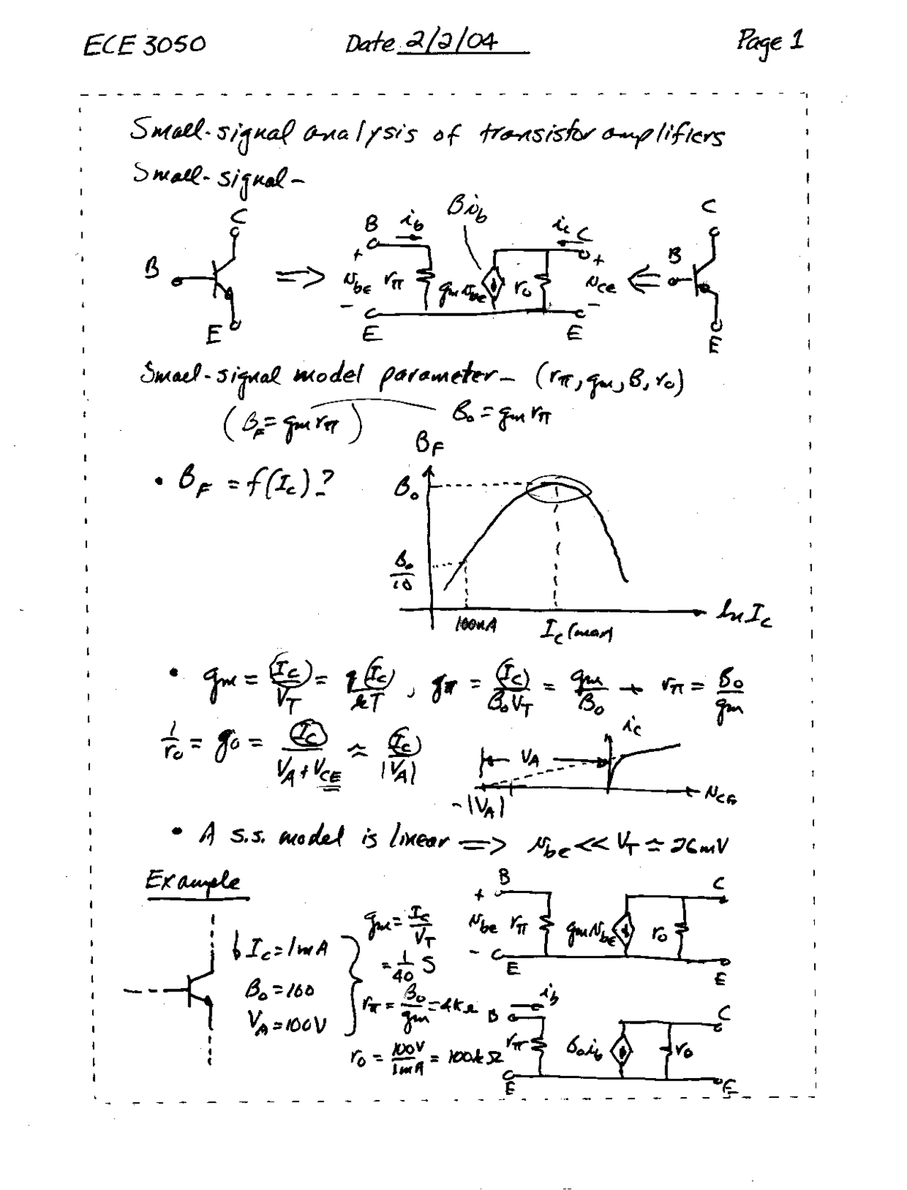 Small Signal Analysis Of Transistor Amplifiers Handout Ece 3050