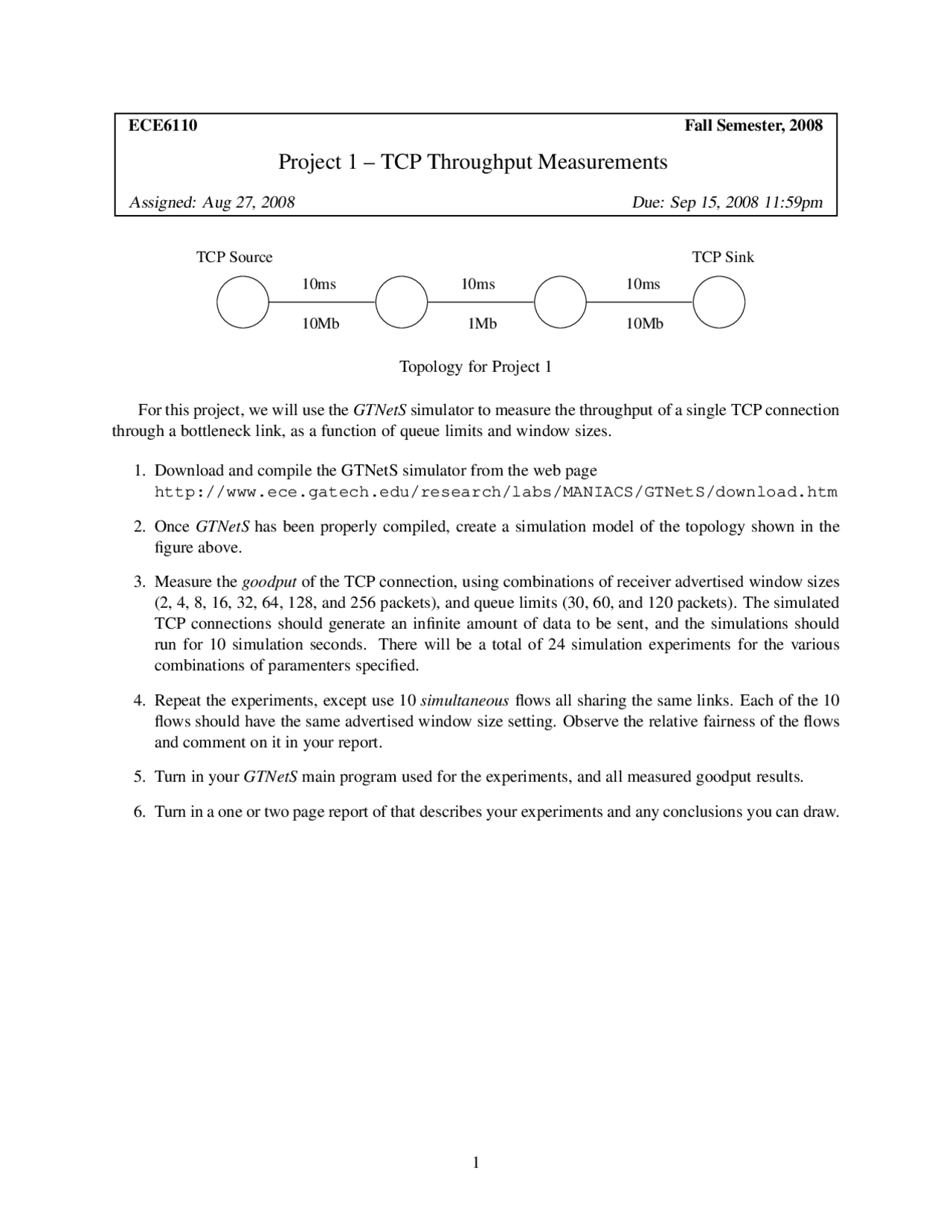 TCP Throughput Measurements - Project 1 | ECE 6110 - Docsity