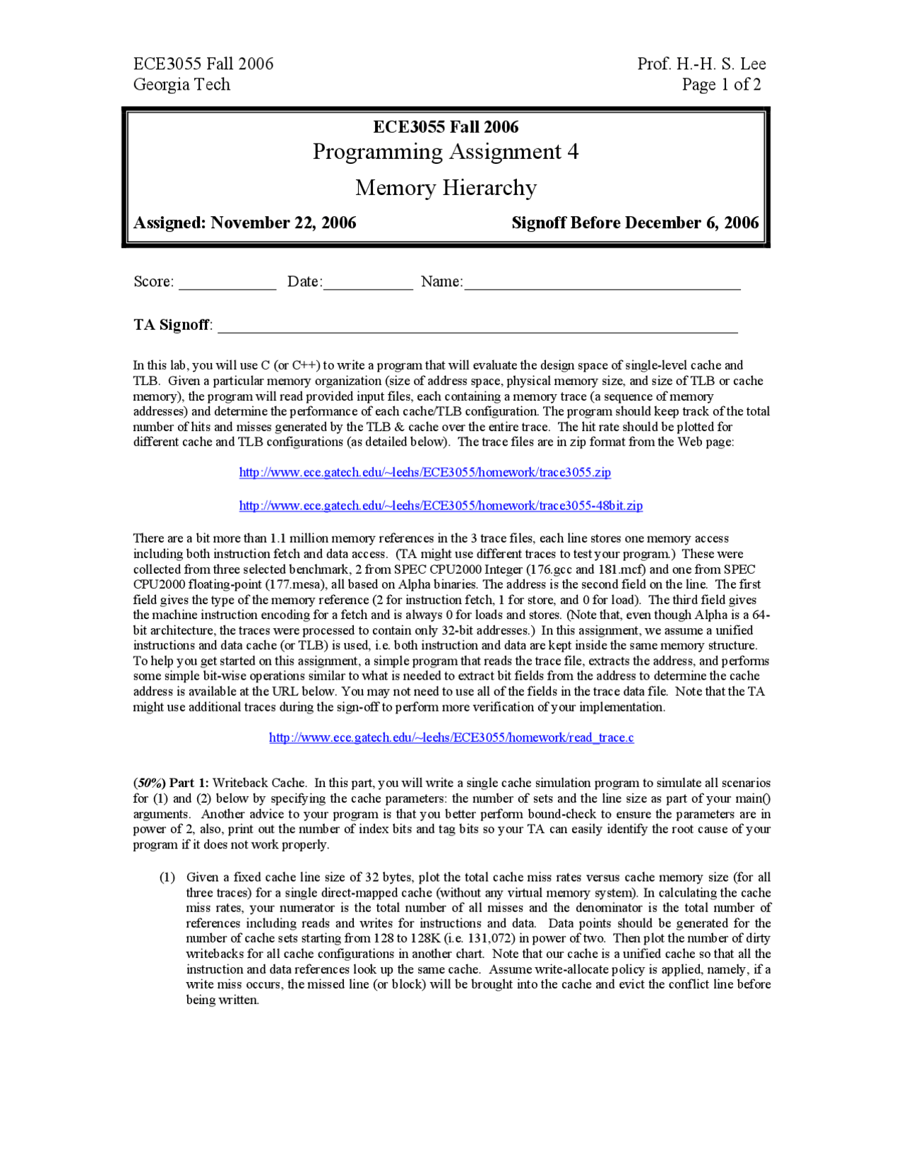 Computer Architecture And Operating Systems Programming Assignment 4 Ece 3055 Docsity