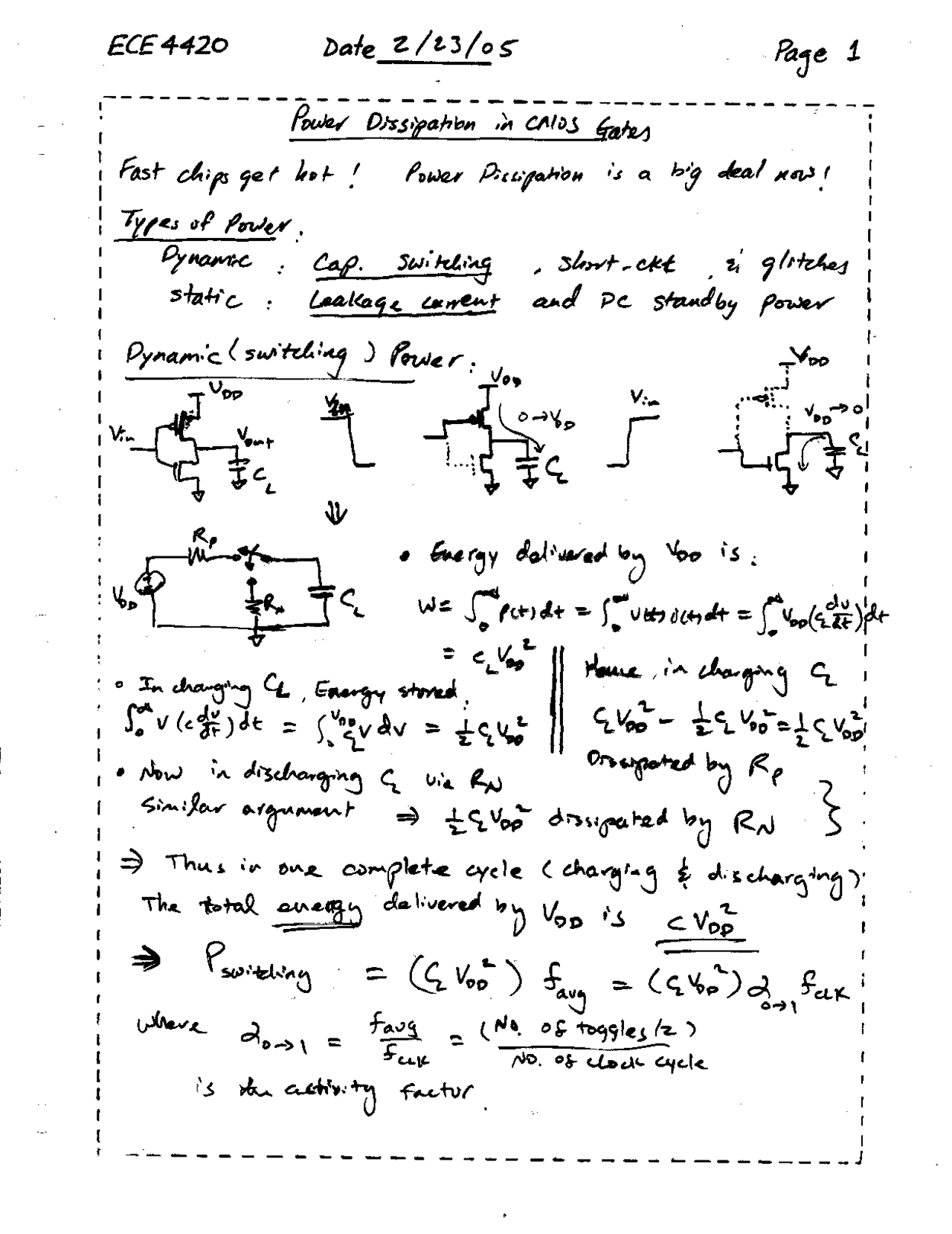 Power Dissipation In Cmos Gates Lecture Handout Ece 4420 Docsity