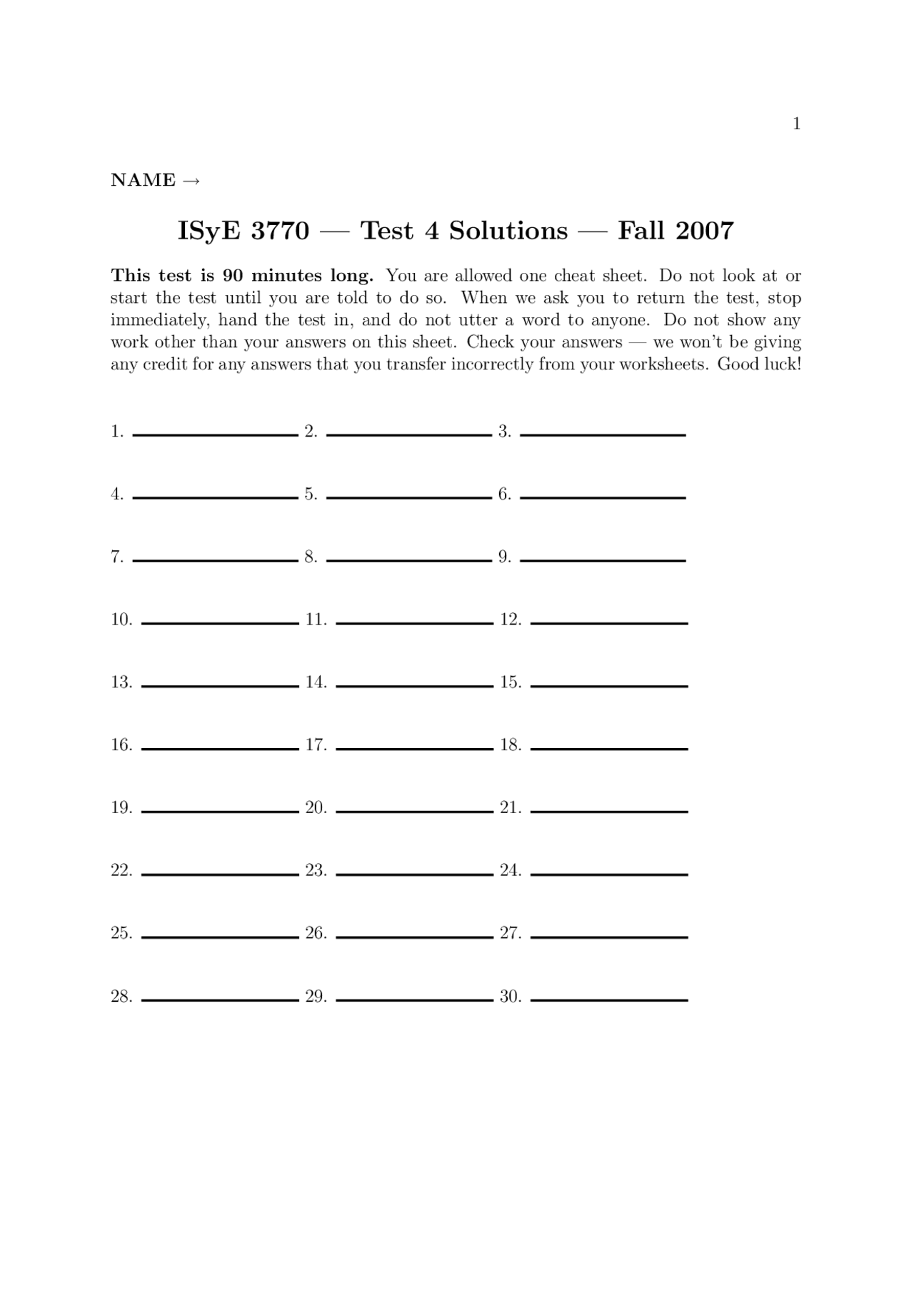 Test 4 With Solutions Statistics And Applications Isye 3770 Docsity