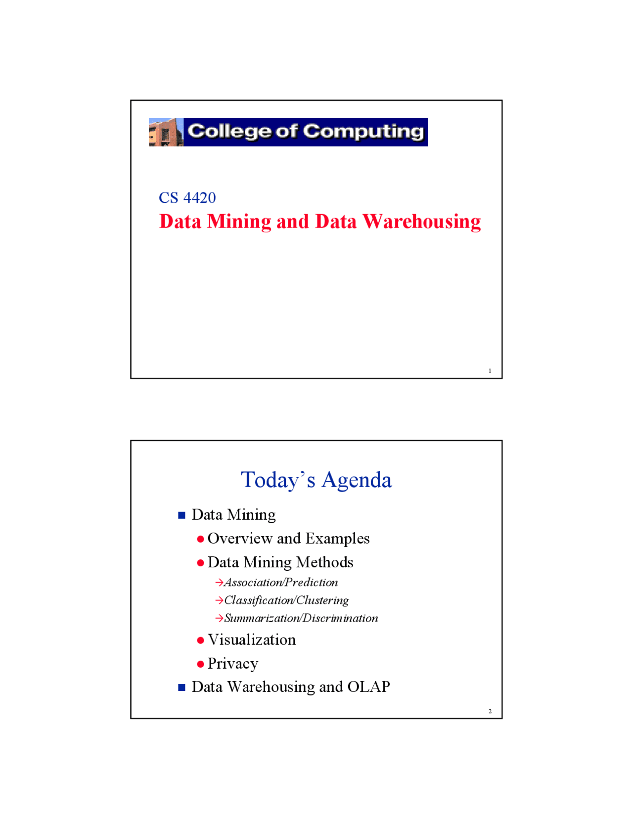 Data Mining And Data Warehousing Slides Cs 4420 Docsity