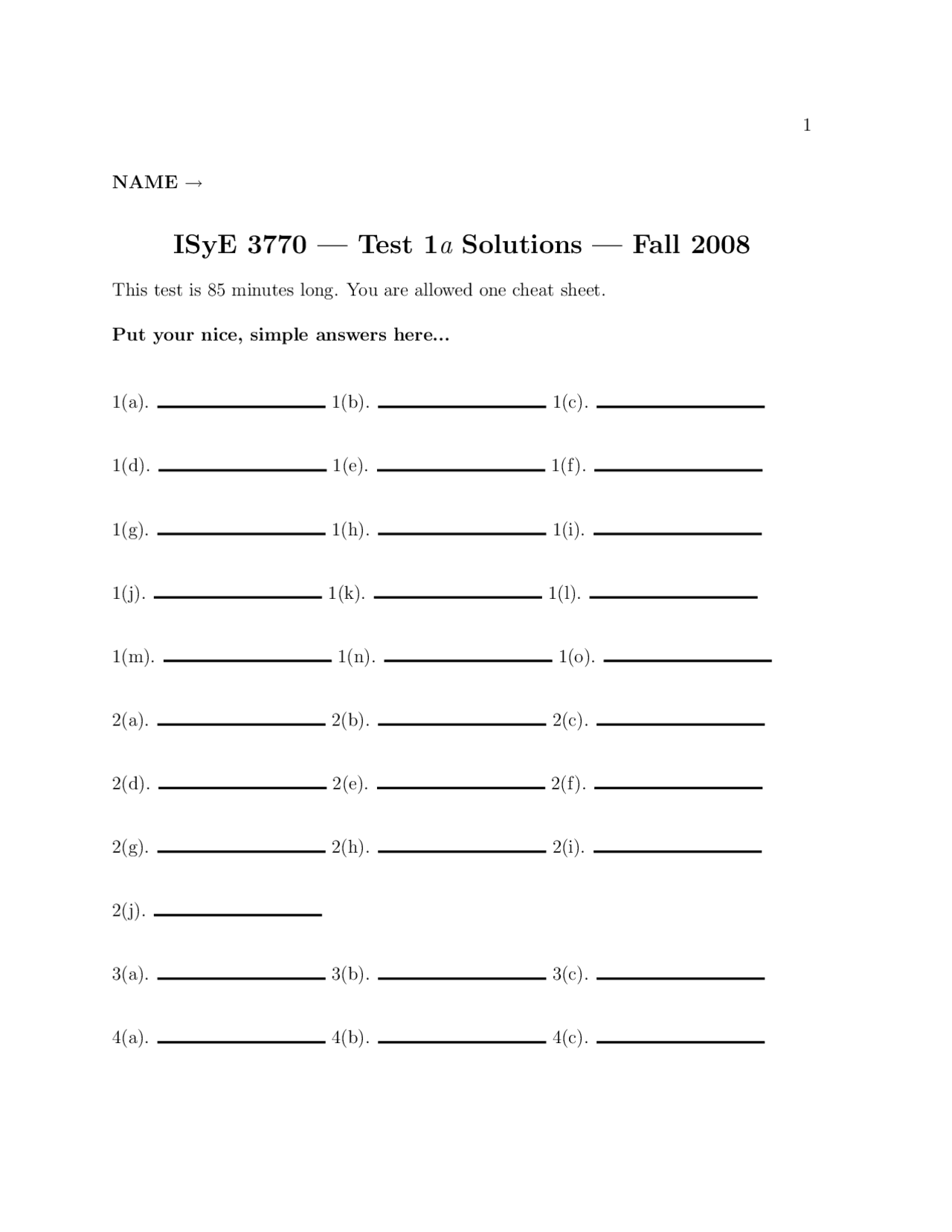 Test 1a Solutions For Statistics And Applications Isye 3770 Docsity