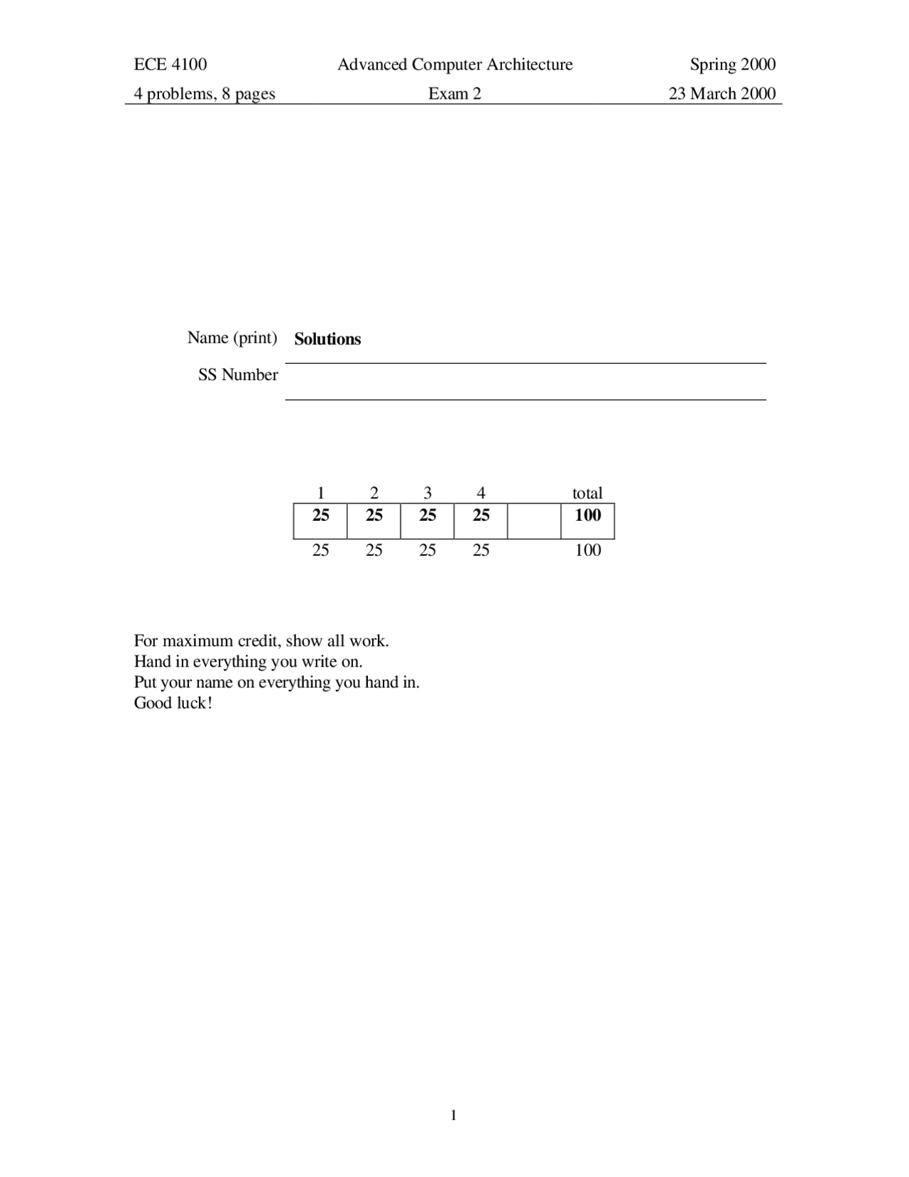 Solutions For Exam 2 Advanced Computer Architecture Ece 4100 Docsity