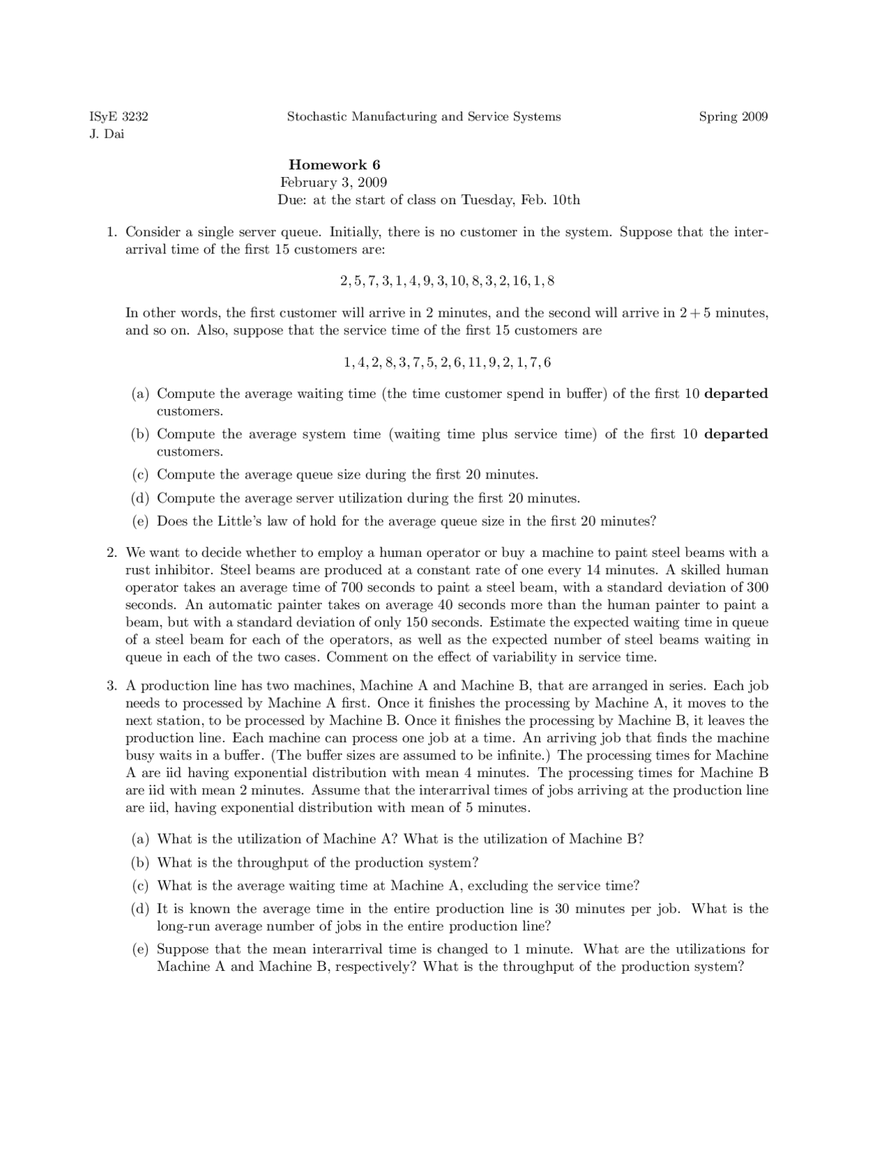 Stochastic Manufacturing Survey System Assignment 6 Isye 3232 Docsity