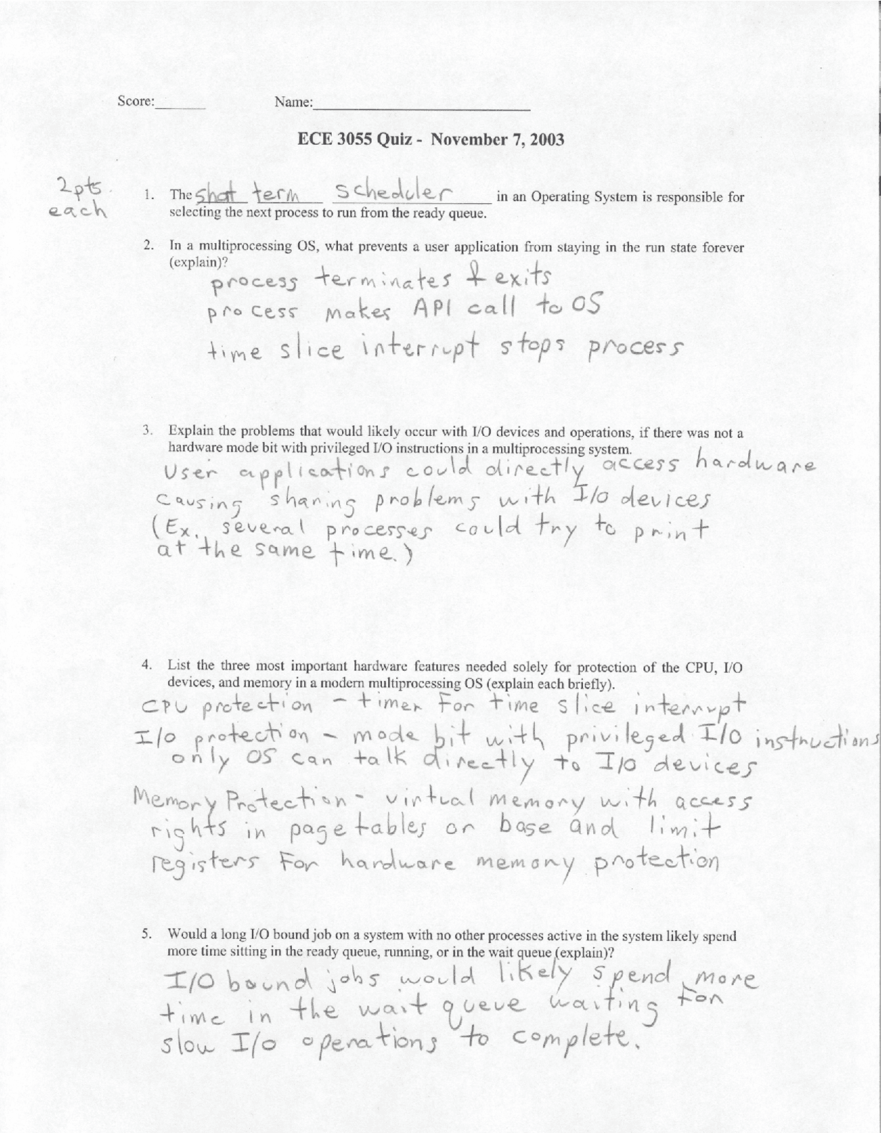 Computer Architecture and Operating Systems - Practice Quiz Solutions | ECE 3055 - Docsity