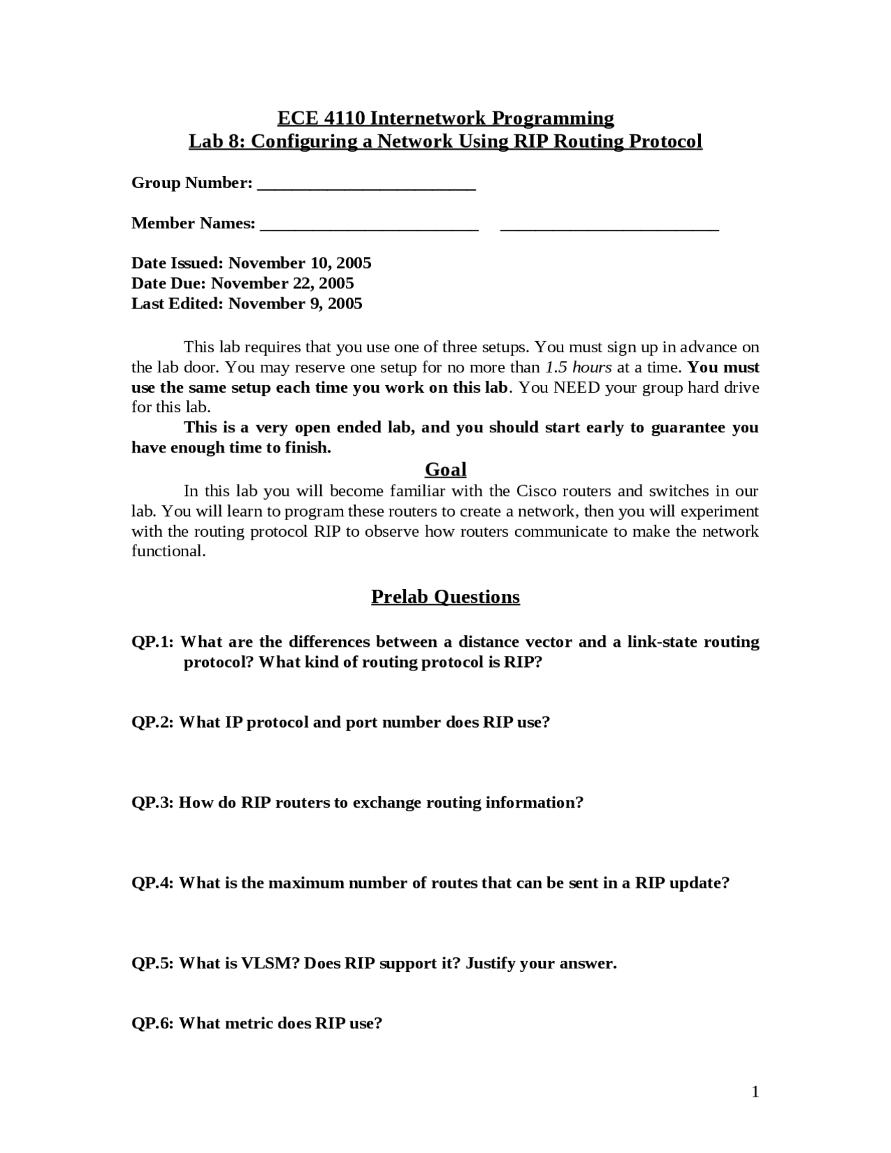 Configuring A Network Using Rip Routing System Lab 8 Ece 4110 Docsity