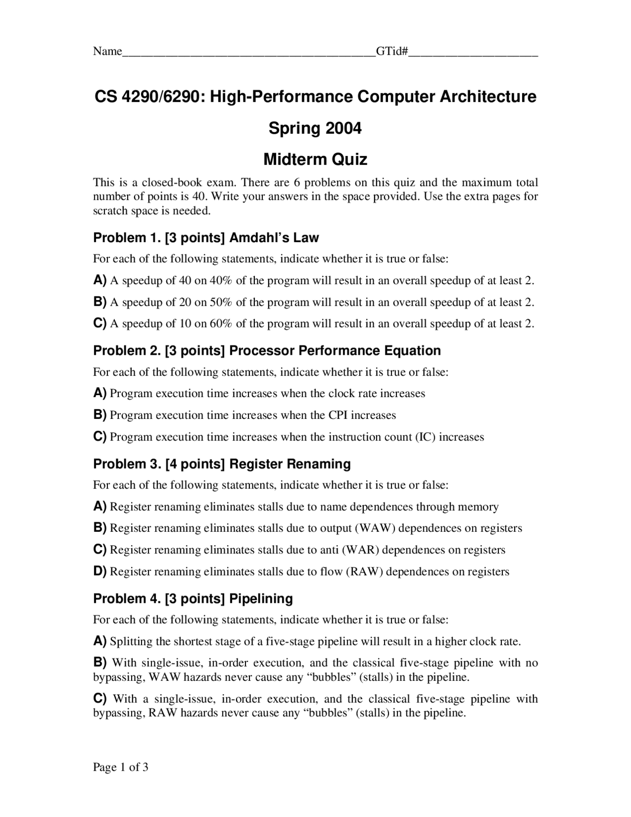 Quiz For High Performance Computer Architecture Cs 4290 Quizzes