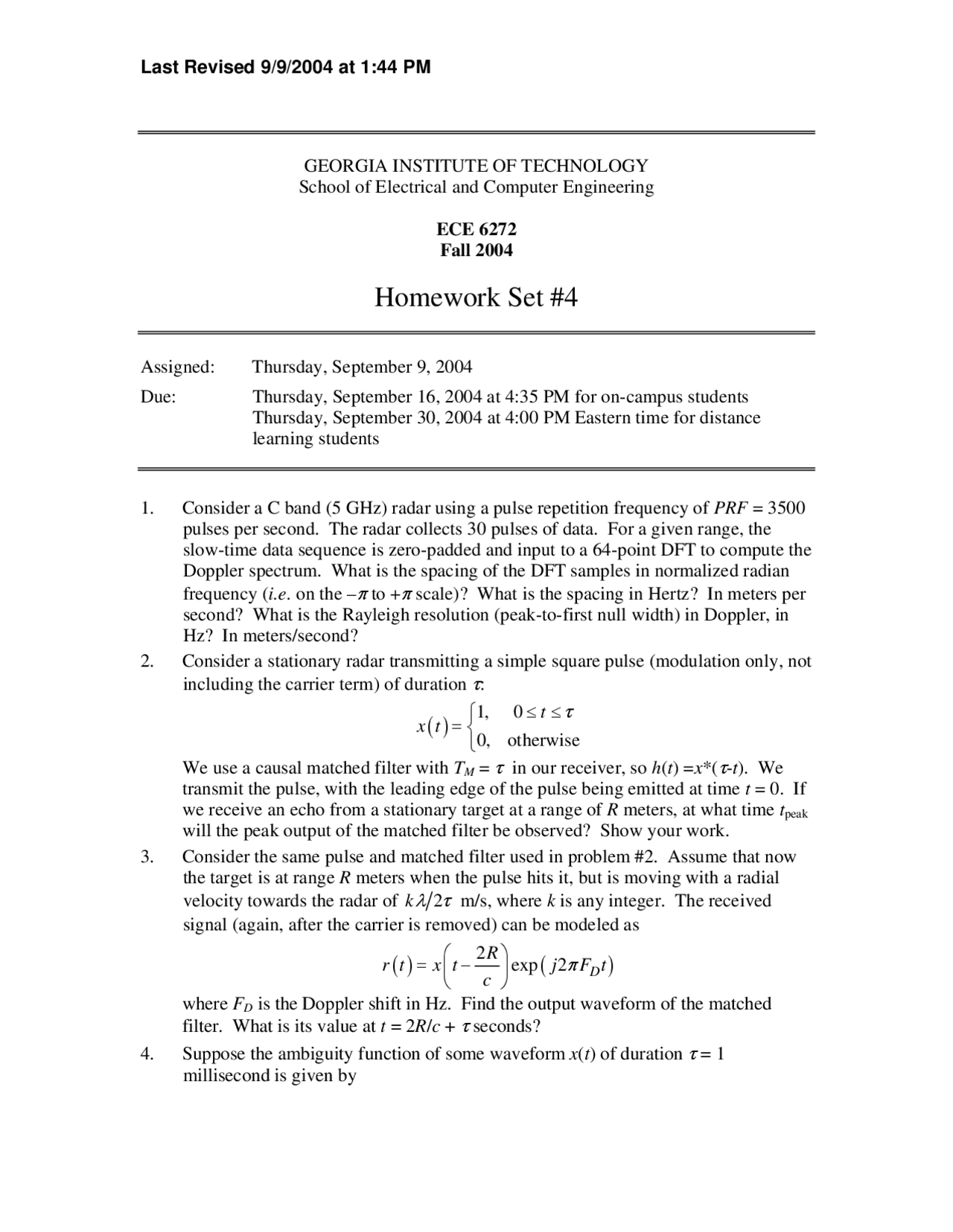 Homework Set Iv For Fundamentals Radar Signal Process Ece 6272 Docsity