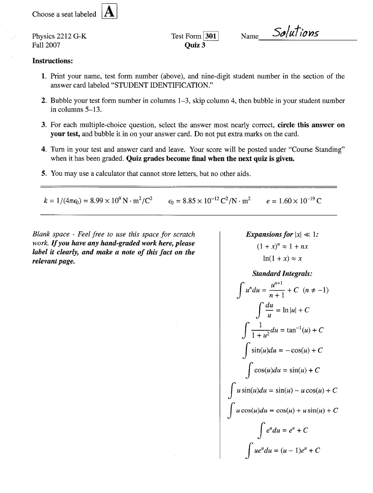 Quiz 3 Solutions Introduction Physics I Phys 2212 Docsity
