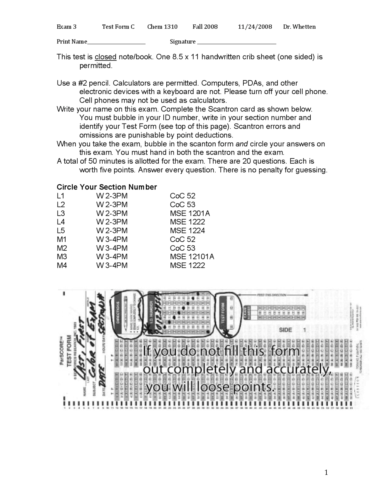 Test Form C With Answers General Chemistry Chem 1310 Docsity