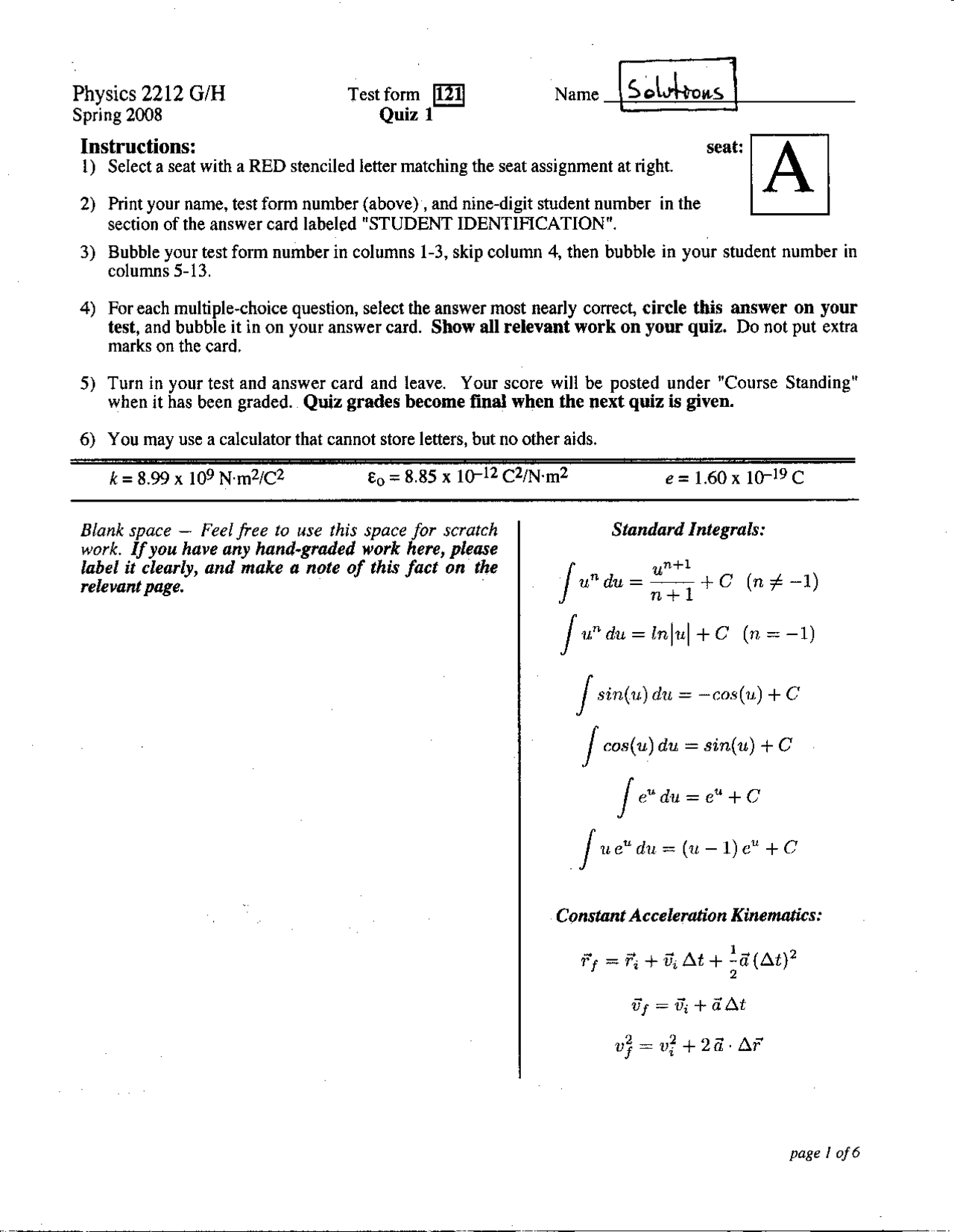 Quiz 1 Questions With Solutions Introduction Physics Ii Phys 2212