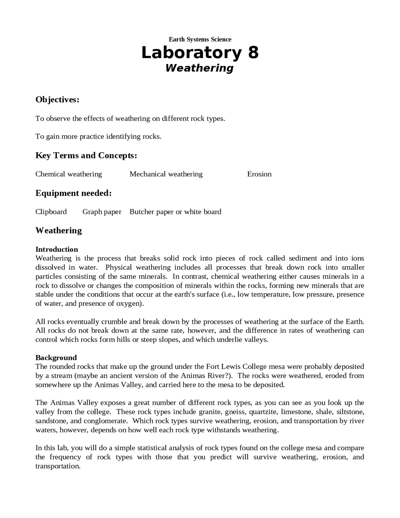 Laboratory 8 Weathering Earth Systems Science Geol 107 Docsity