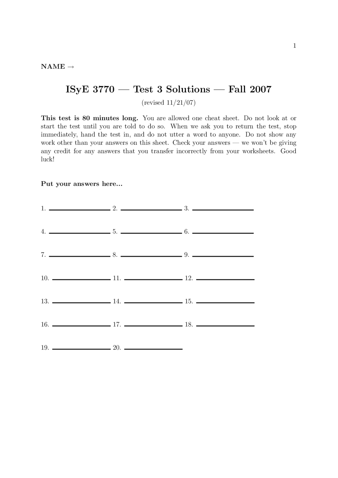 Test 3 Solutions For Statistics And Applications Isye 3770 Docsity