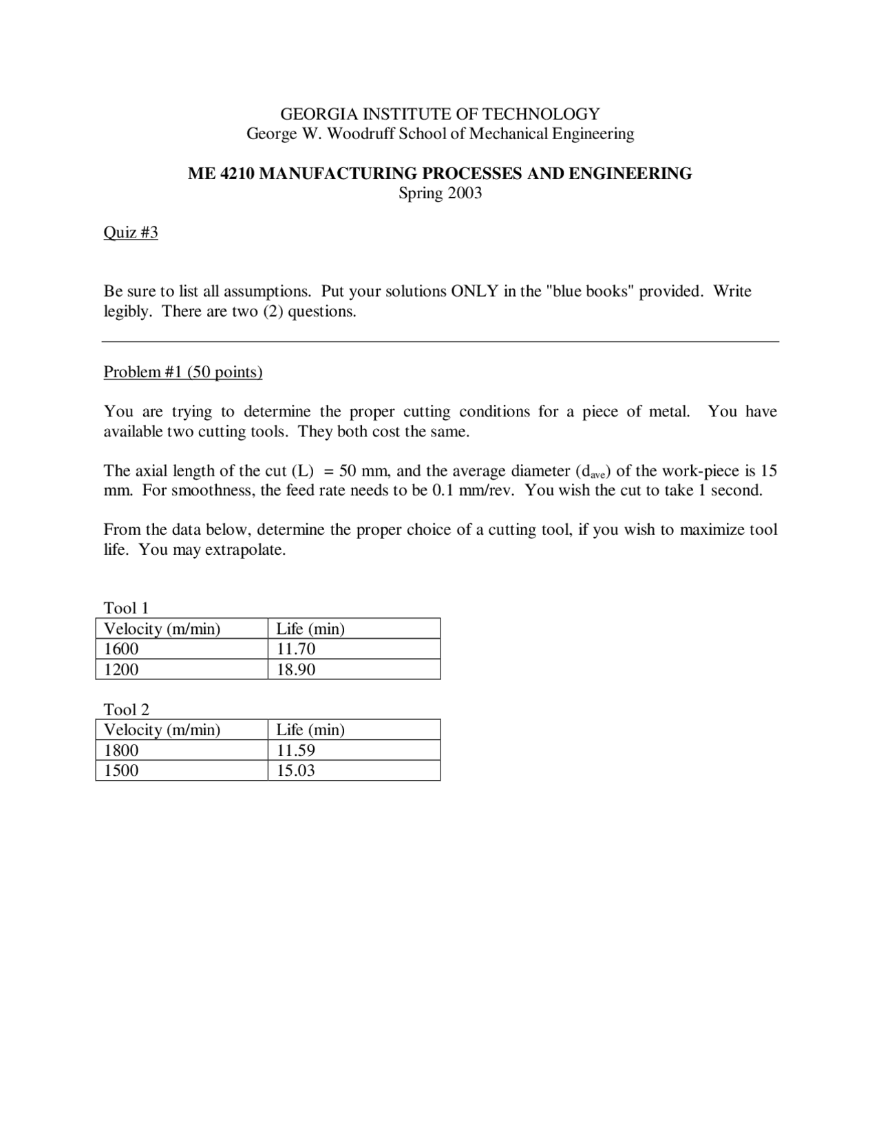 Quiz 3 Problems Manufacturing Process Engineering Me 4210 Docsity
