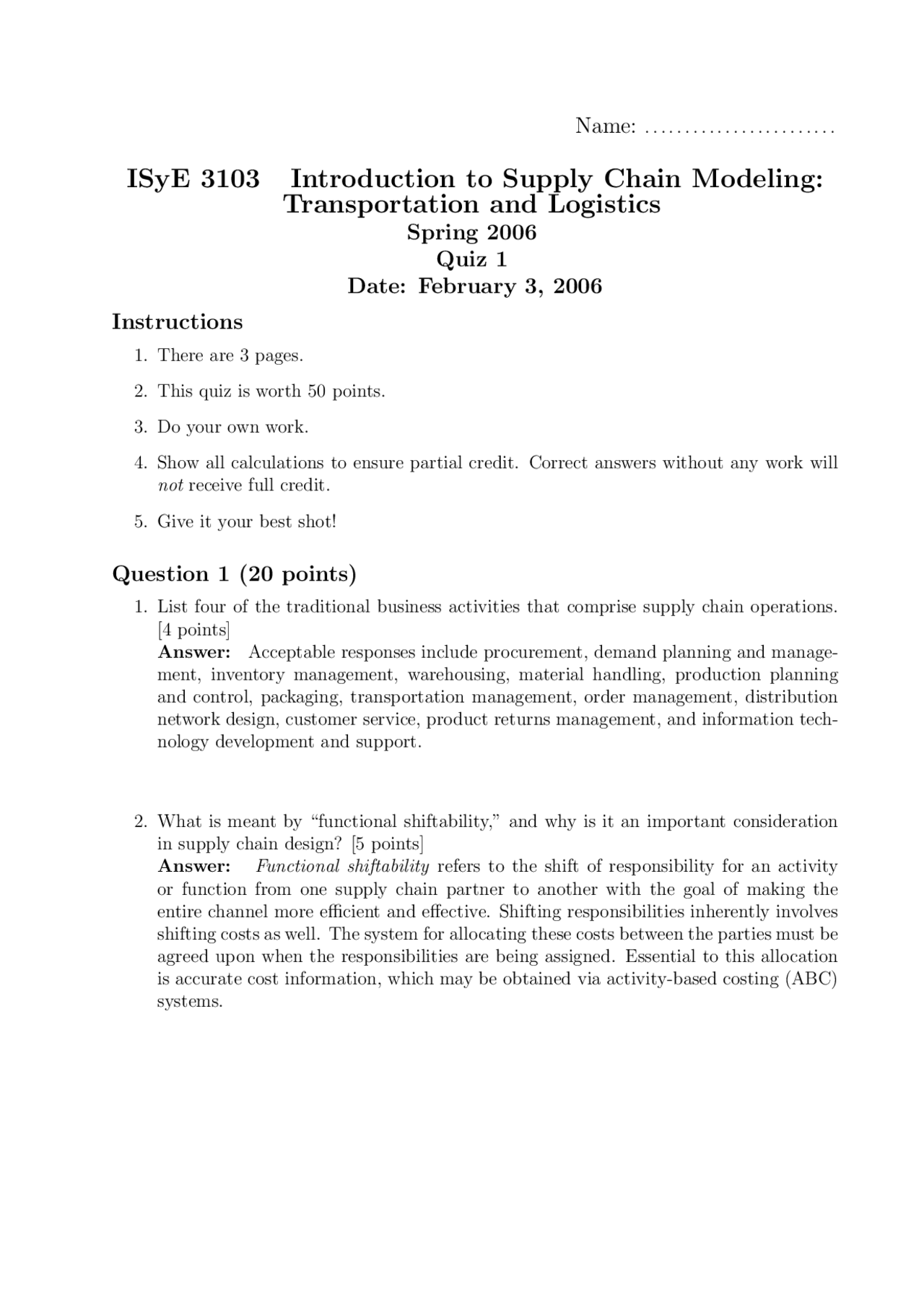 Quiz 1 With Answers Supply Chain Modeling Logistics Isye 3103 Docsity