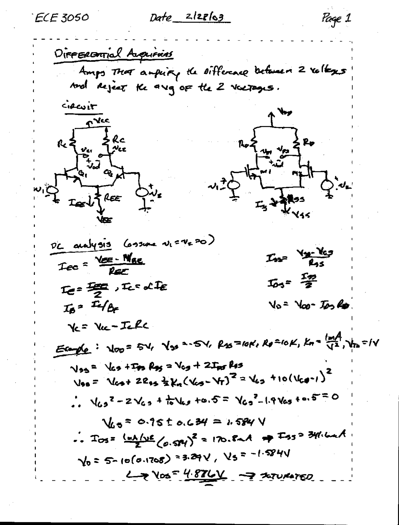 Differential Amplifiers Lecture Notes Ece 3050 Docsity