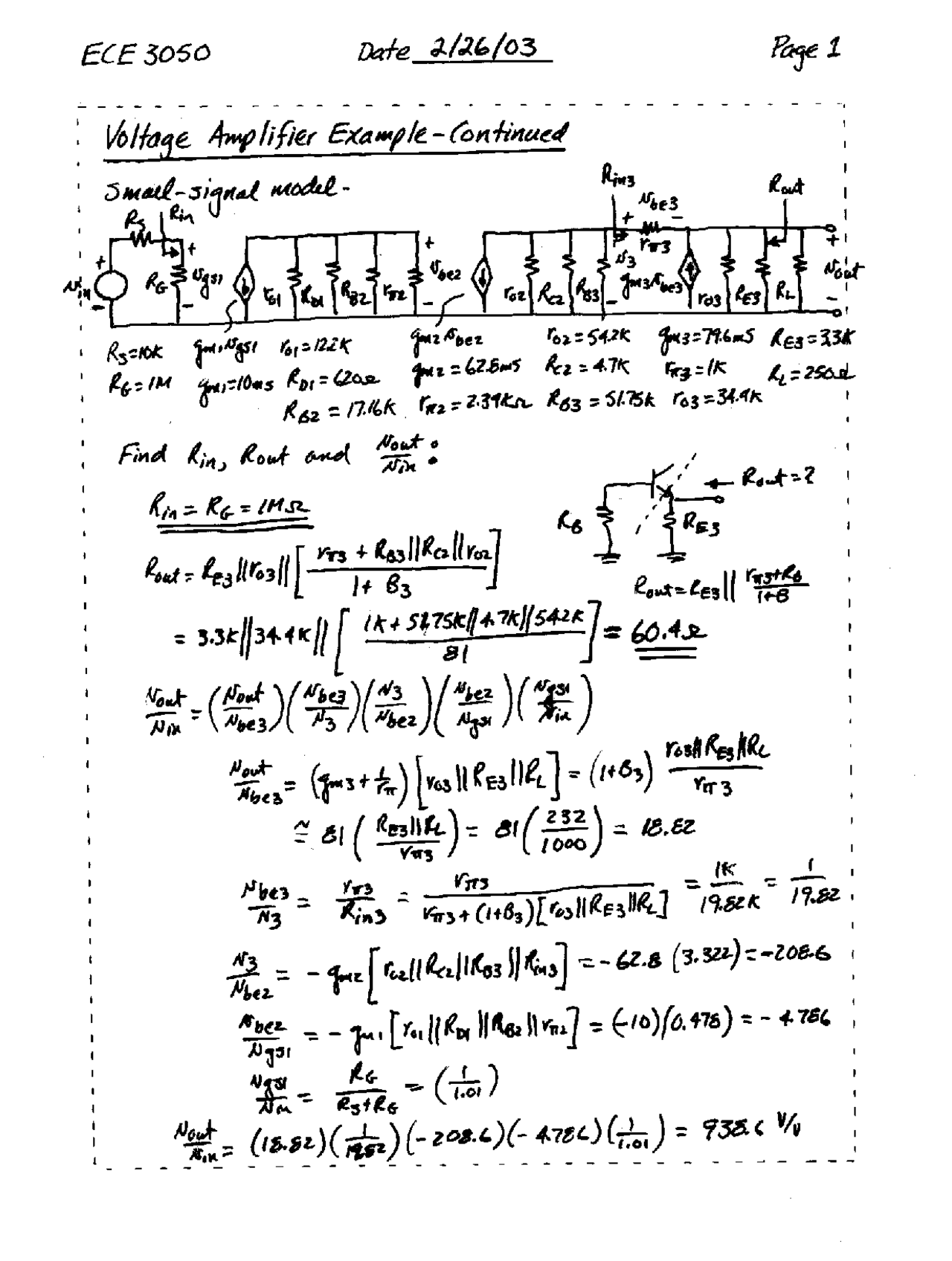 Voltage Amplifiers Examples Handwritten Notes Ece 3050 Docsity