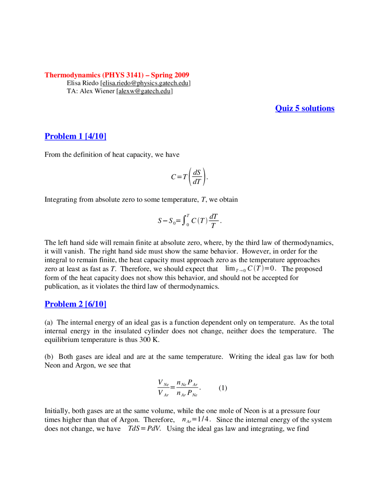 Quiz Solutions for Thermodynamics (PHYS 3141) - Spring 2009: Problems 1 ...