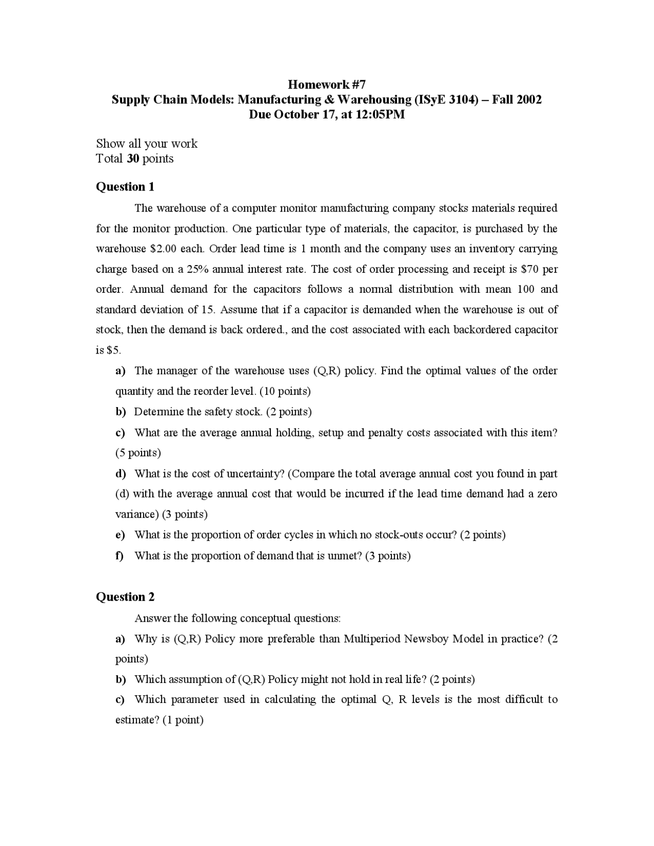 Homework 7 On Supply Chain Models Manufacturing And Warehouse Isye