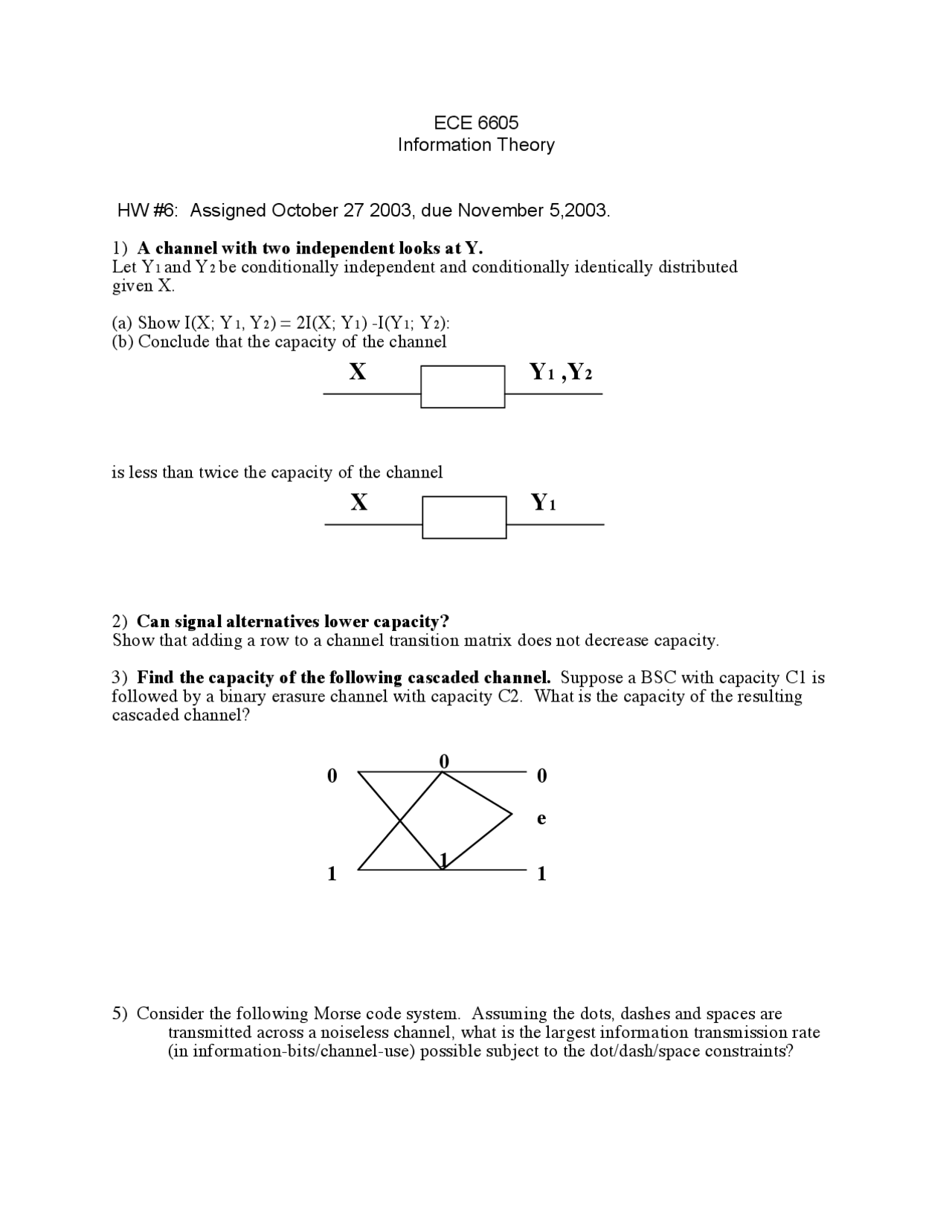 Homework 6 Questions Information Theory Fall 2003 Ece 6605 Docsity