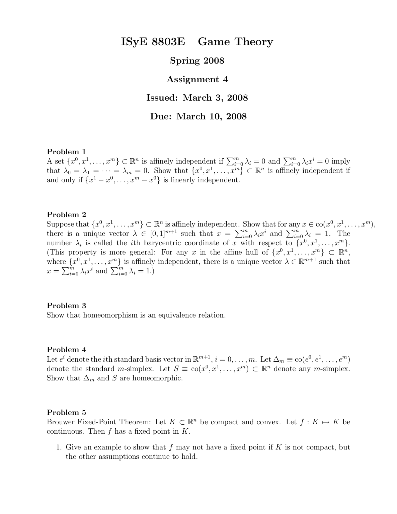 5 Problems On Game Theory Assignment 4 Isye 8803 Docsity