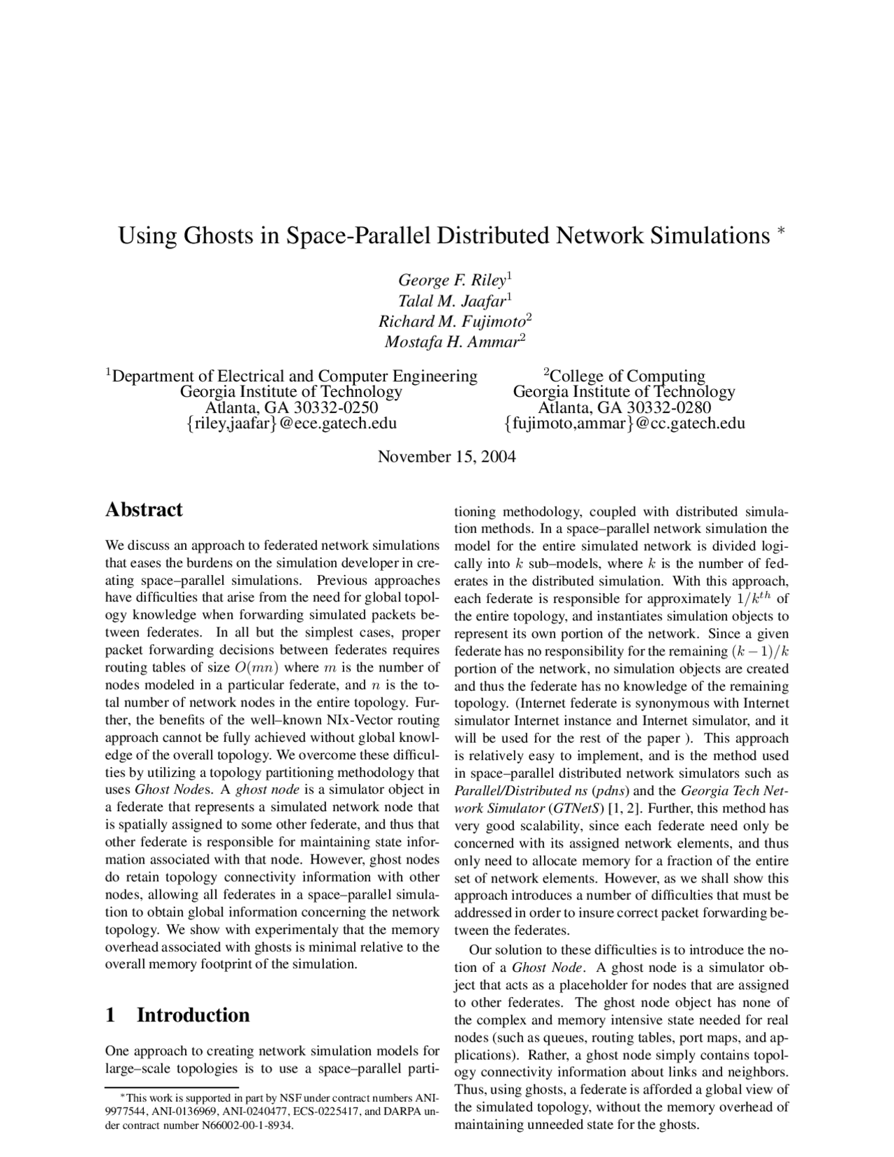 Using Ghosts in Space-Parallel Distributed Network Simulations | ECE 6110 - Docsity