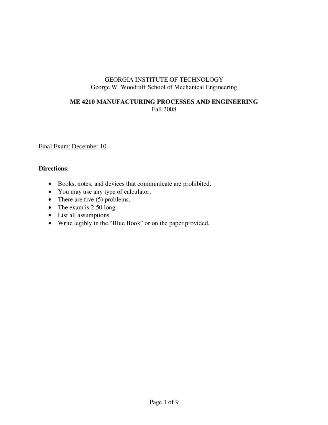 5 Problems On Manufacturing Processes And Engineering Final Exam Me