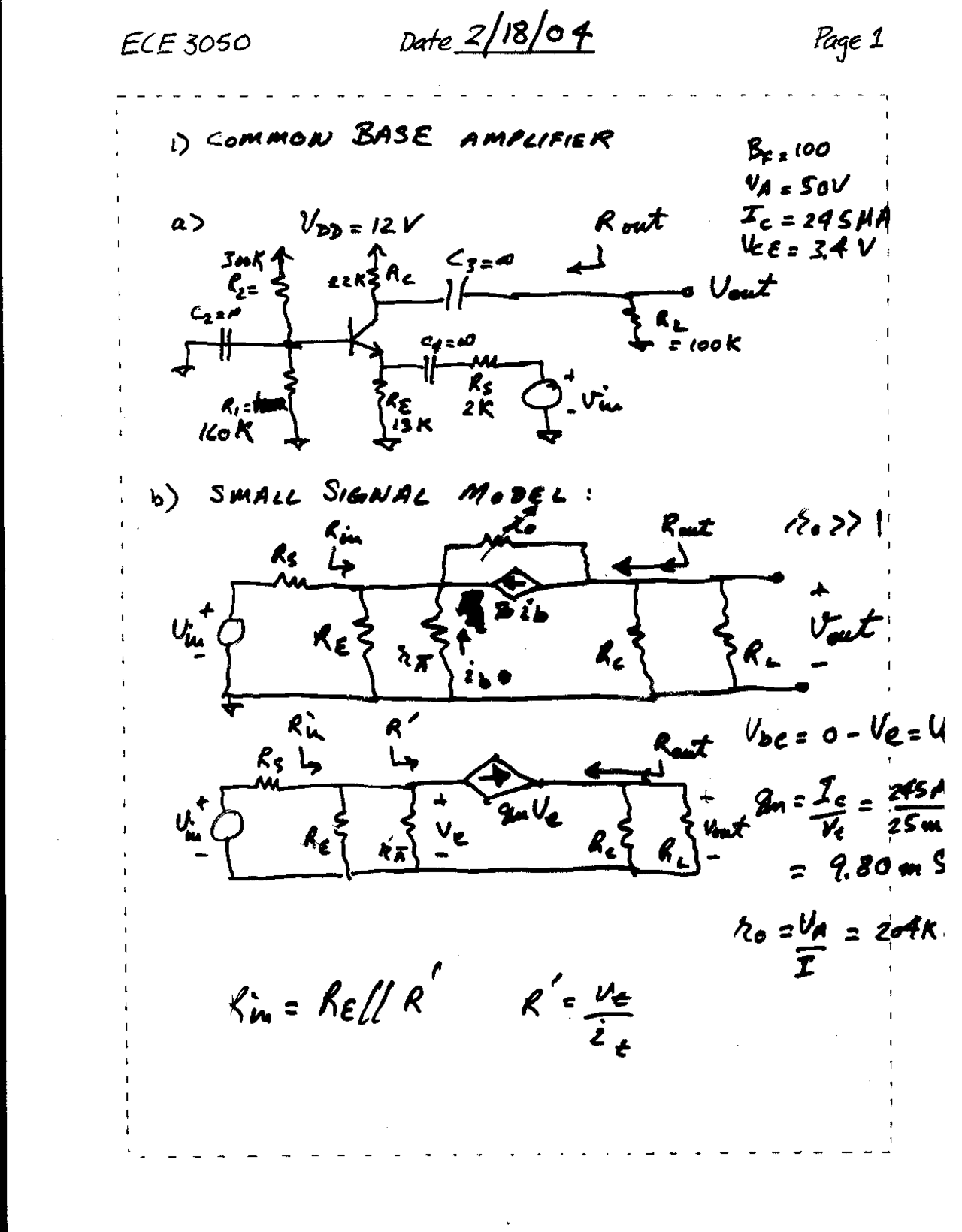 Common Base Amplifier Analog Electronics Handout Ece 3050 Docsity
