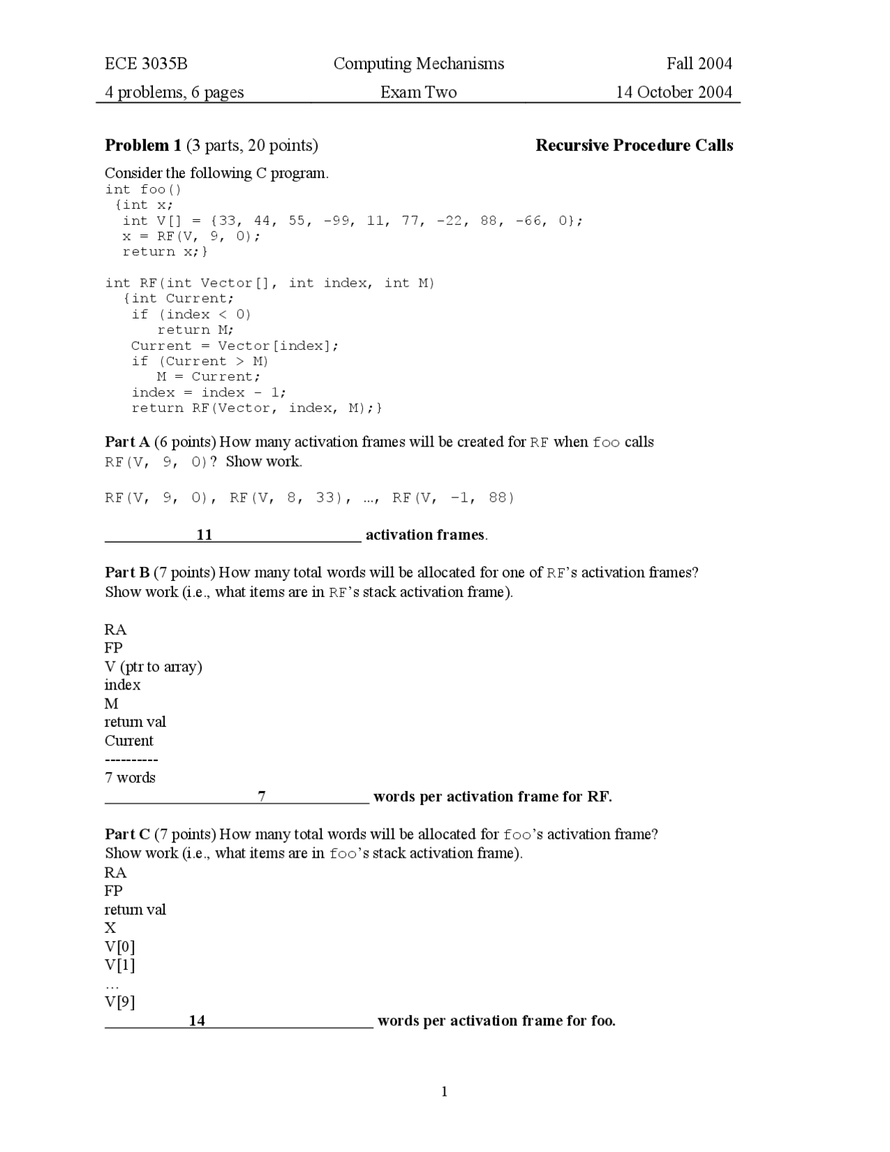 Computing Mechanisms Exam Two - Fall 2004 | Exams Electrical and Electronics Engineering | Docsity