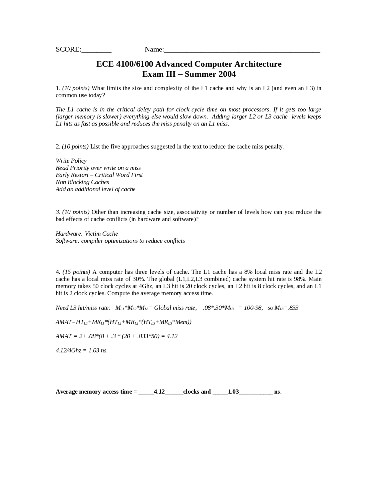 Practice Exam 3 Advanced Computer Architecture Ece 4100 Docsity