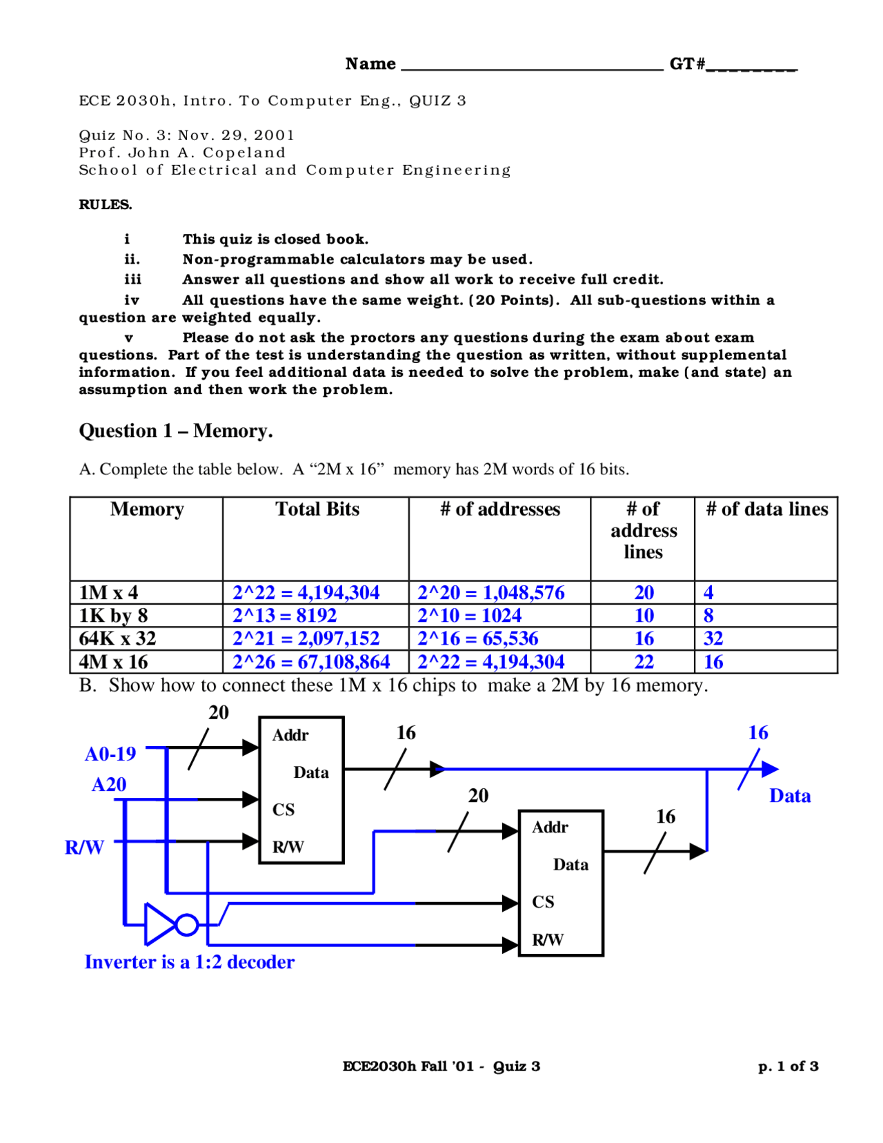 Solved Questions of Memory, Registers and CPU Control Lines | ECE 2030 - Docsity