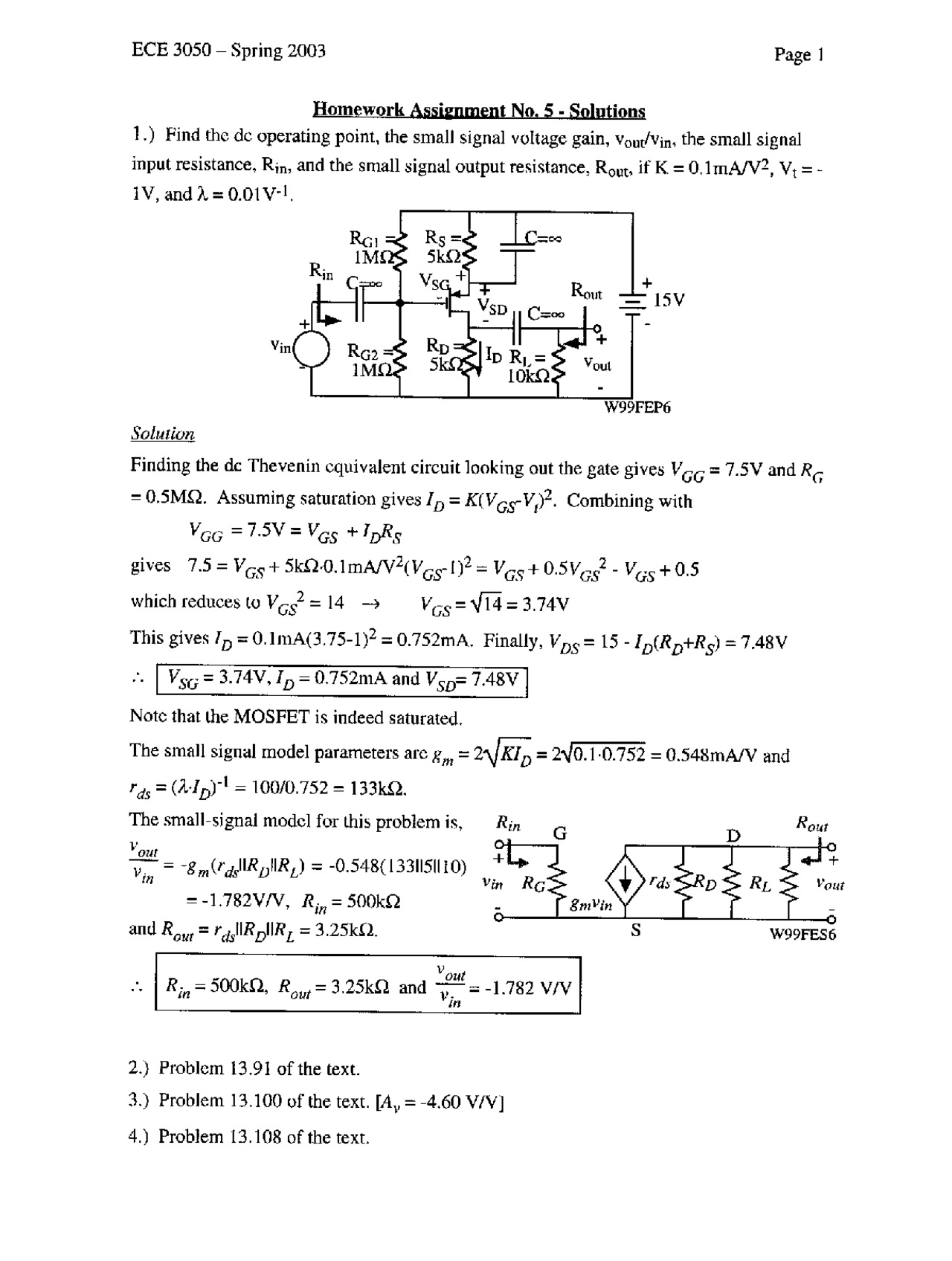 Solutions For Assignment 5 Analog Electronics Ece 3050 Docsity