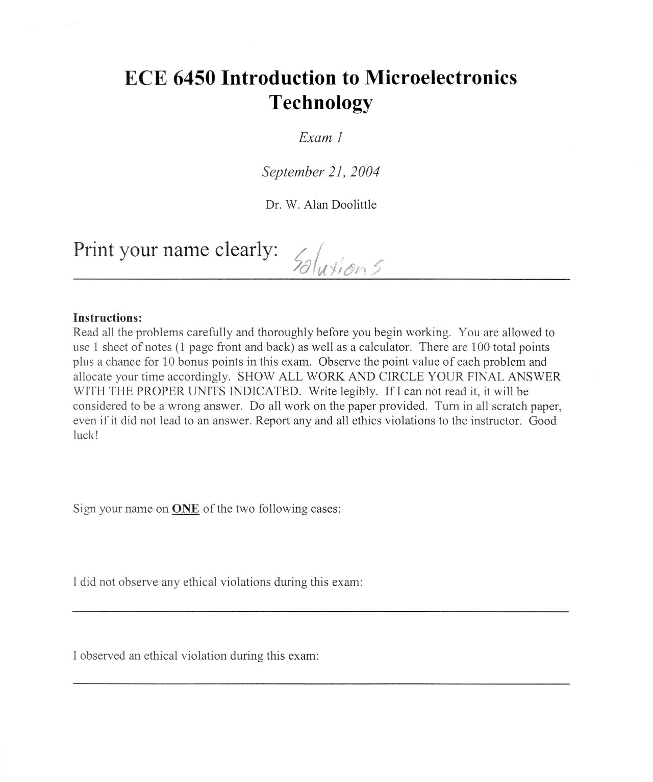 Exam I With Answers Microelectronics Technology Ece 6450 Docsity