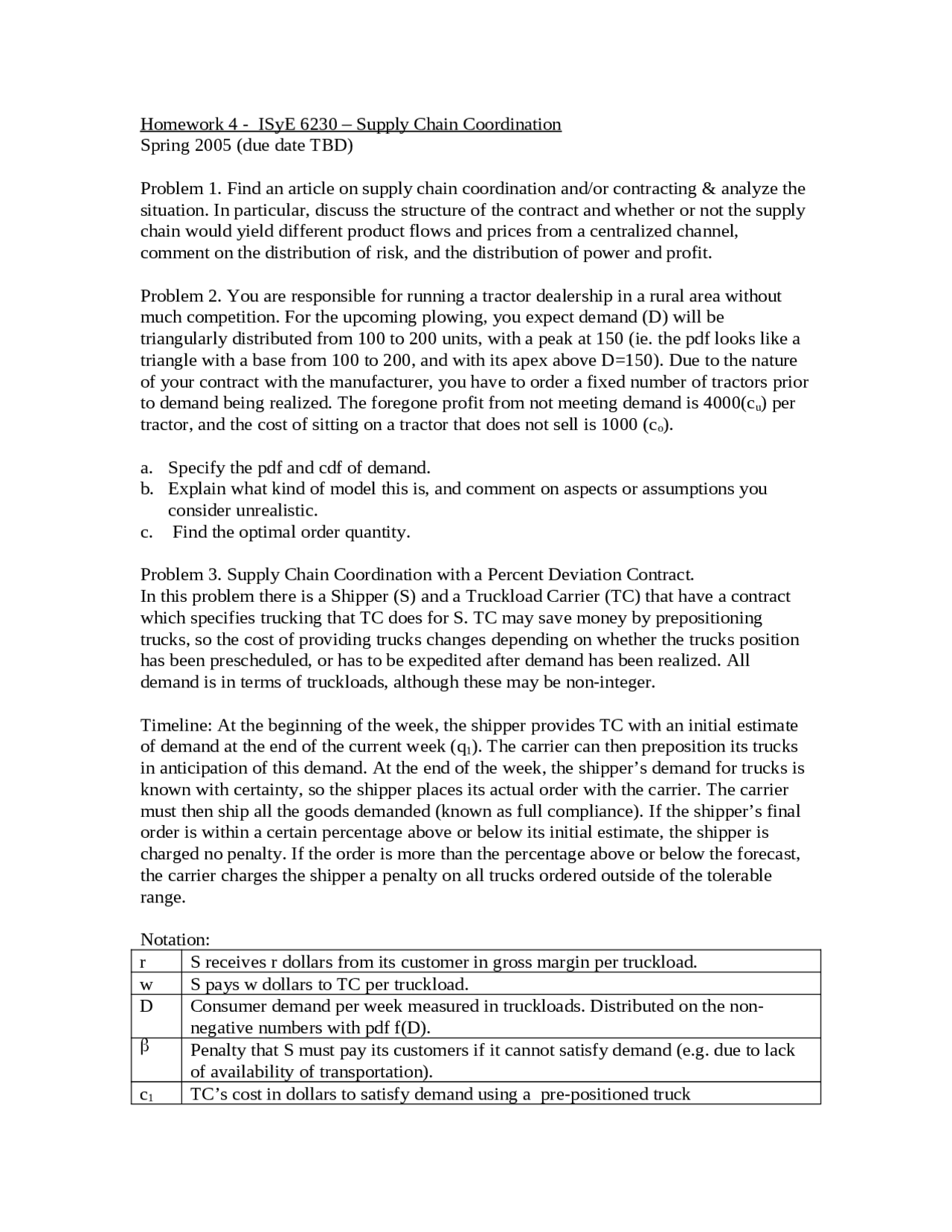4 Problems On Supply Chain Coordination Exam 4 Isye 6230 Docsity