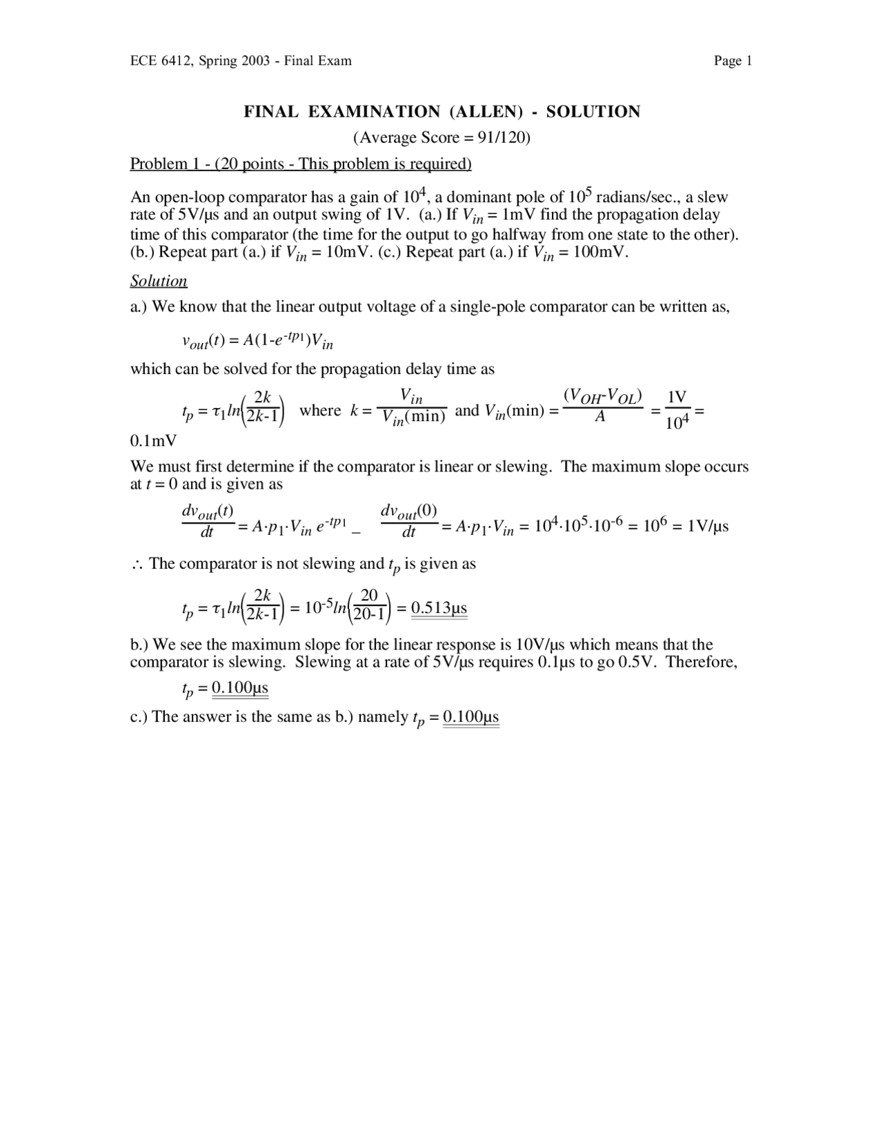 Final Exam Solution For Analog Integrated Circuit Design Ece 6412
